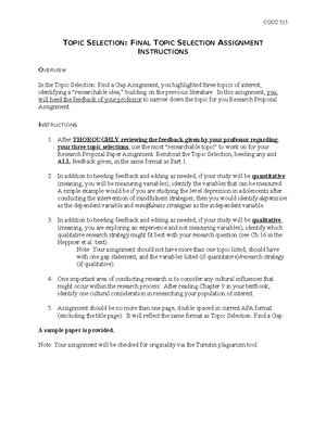 Topic Selection Final Topic Selection Example - 1 FINAL TOPIC SELECTION ...