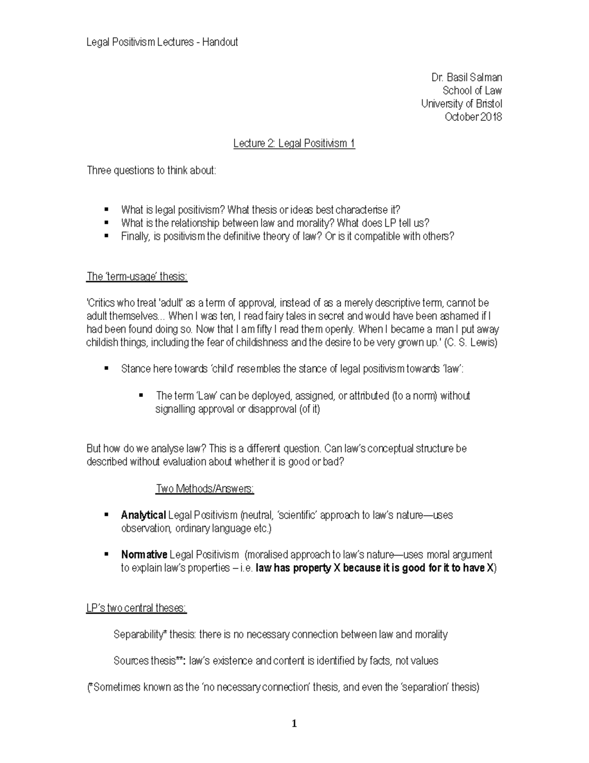 Legal Positivism Lecture Handout-Basil - Legal Positivism Lectures ...