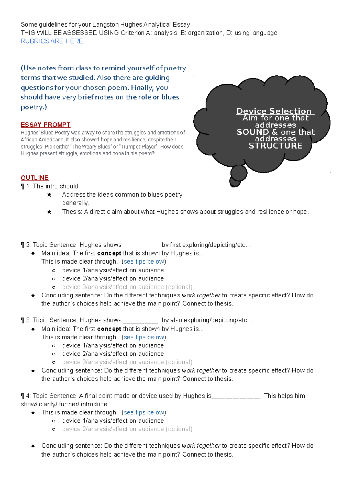 Outline Hughes Analytical Essay Blues POEM - Some guidelines for your ...