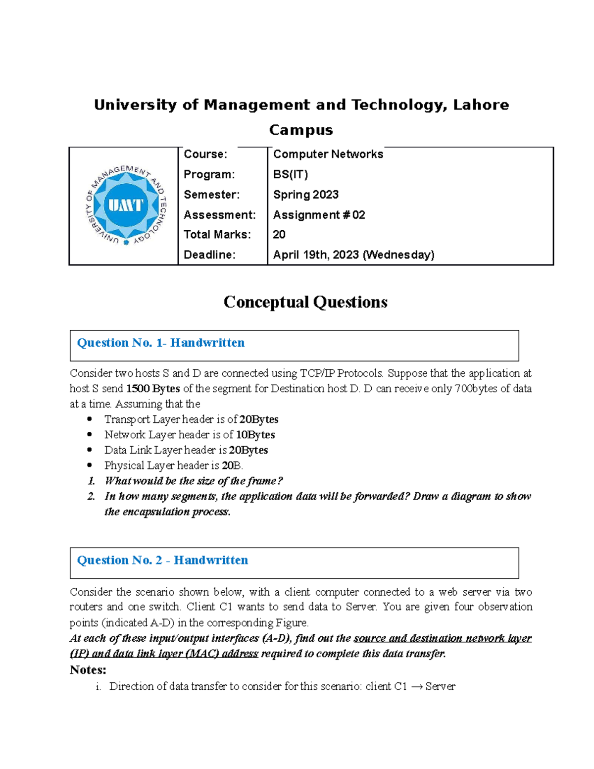 CN - Assignment 02 - University of Management and Technology, Lahore Campus Course: Program ...