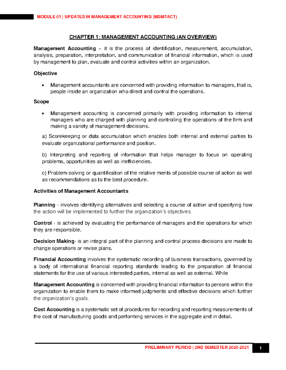Module 01 Introduction TO Management Accounting AND ITS Business ...