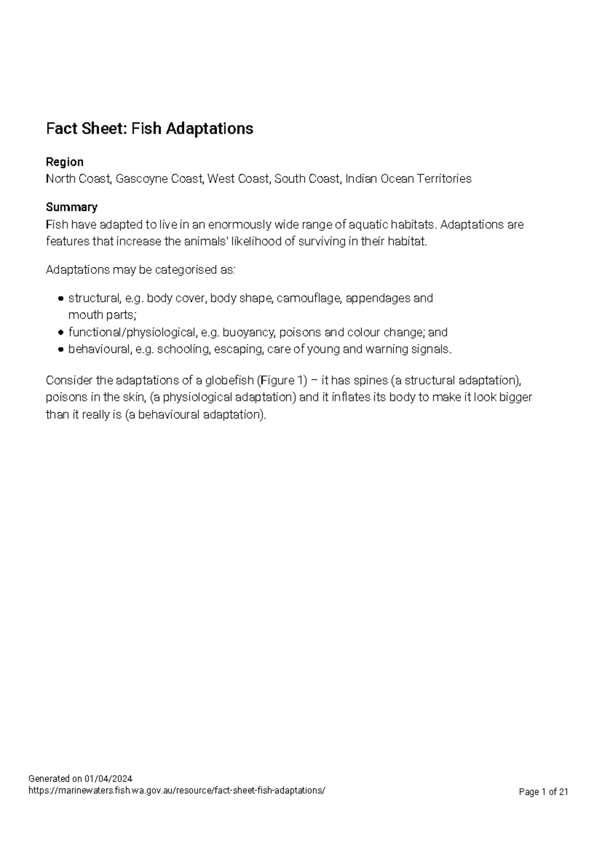 Fact Sheet Fish Adaptations - Fact Sheet: Fish Adaptations Region North ...