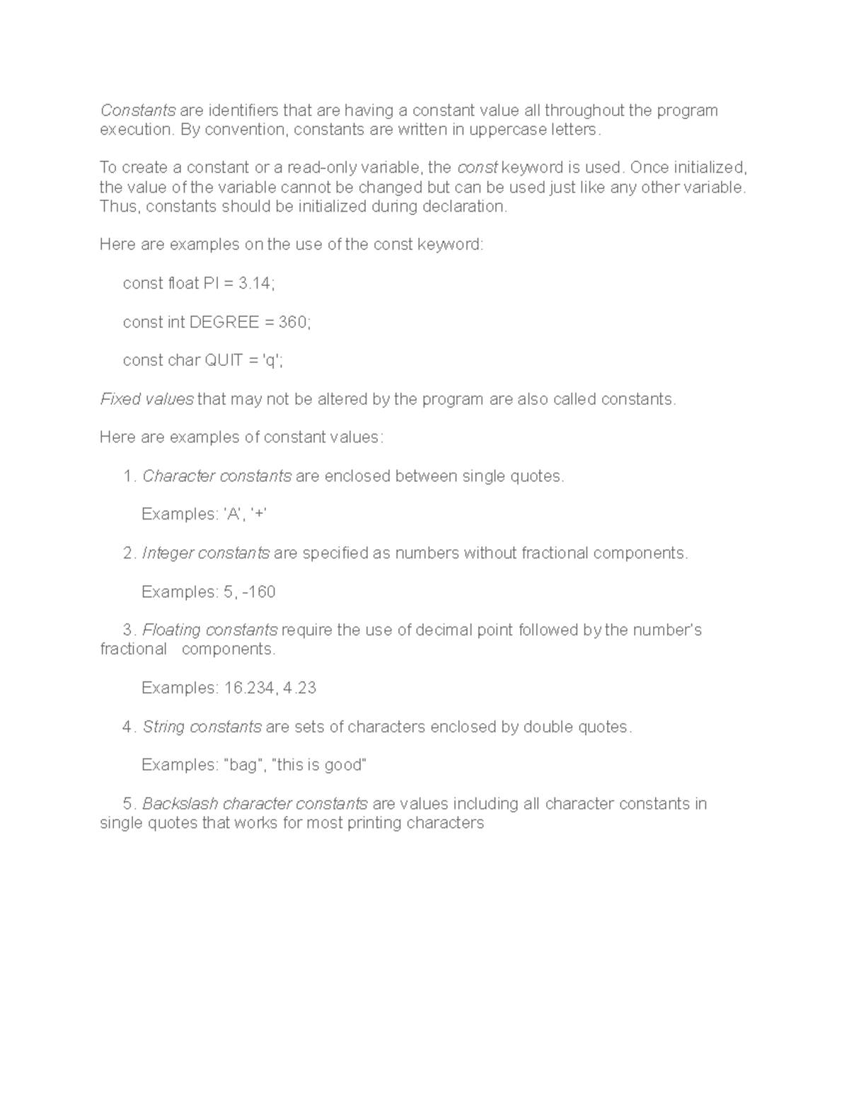 Notes midterms - 5243523 - Constants are identifiers that are having a ...