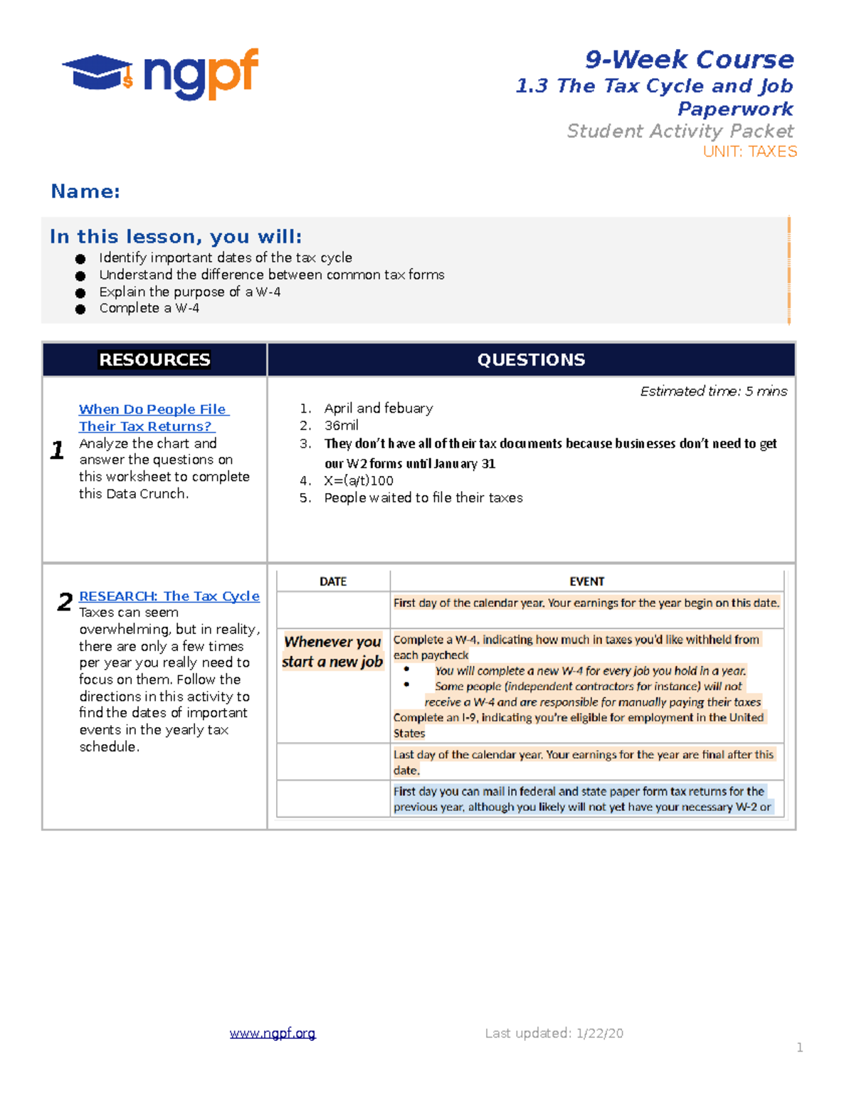 Taxes Lesson Part 2 Student Lesson - 9-Week Course 1 The Tax Cycle and ...