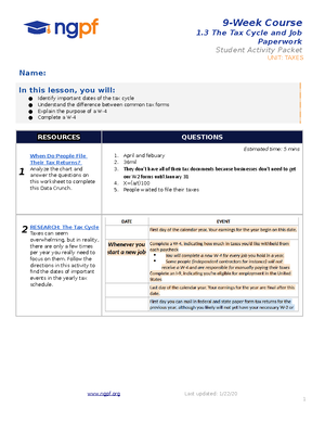 Taxes Lesson Part 1 Student Lesson - 9-Week Course 1 Taxes and Your Pay ...