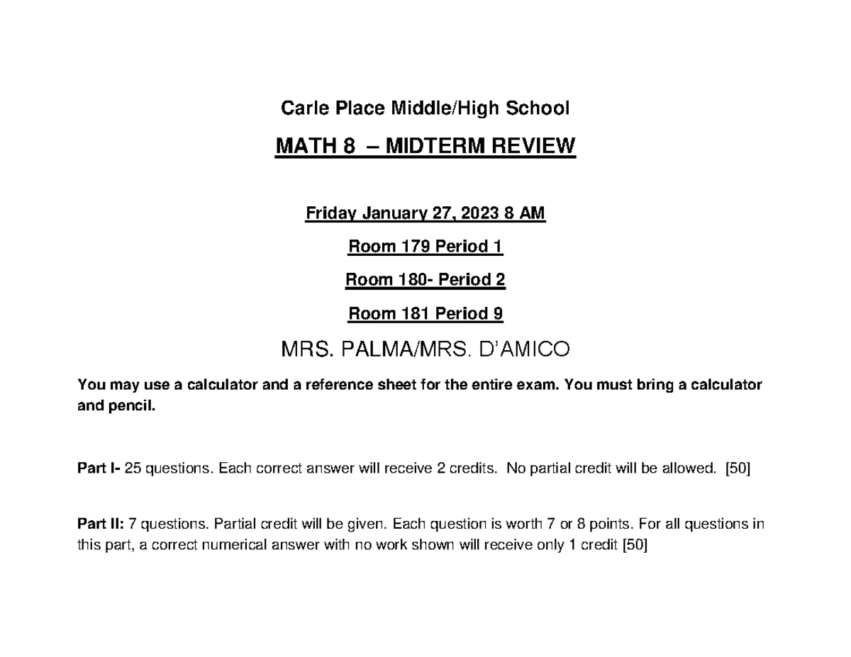 Midterm Review - bgh - MATH 8Carle Plac – e Middle/High School MIDTERM ...