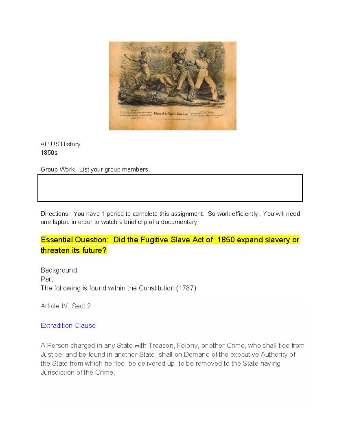 2. Lesson Fugitive Slave Act 1850 - AP US History 1850s Group Work ...