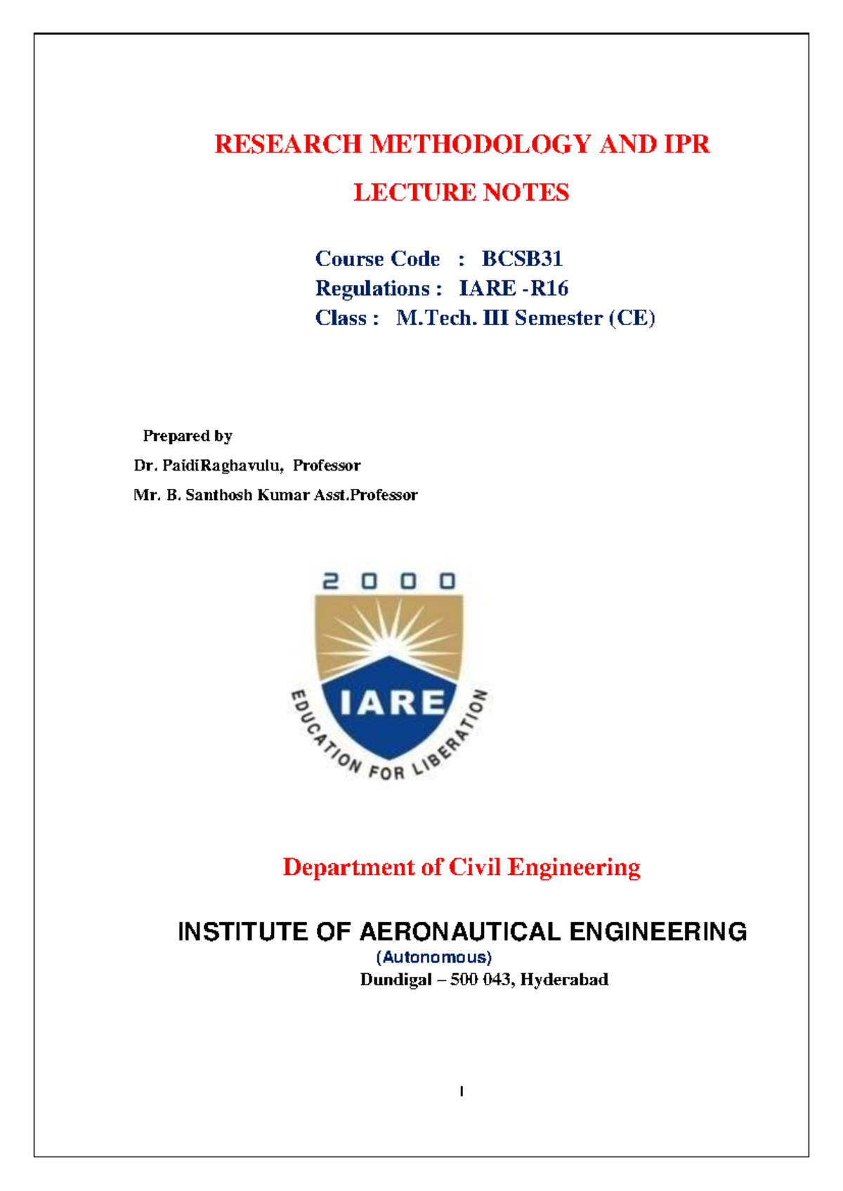 RMI - Rmi - RESEARCH METHODOLOGY AND IPR LECTURE NOTES Course Code ...