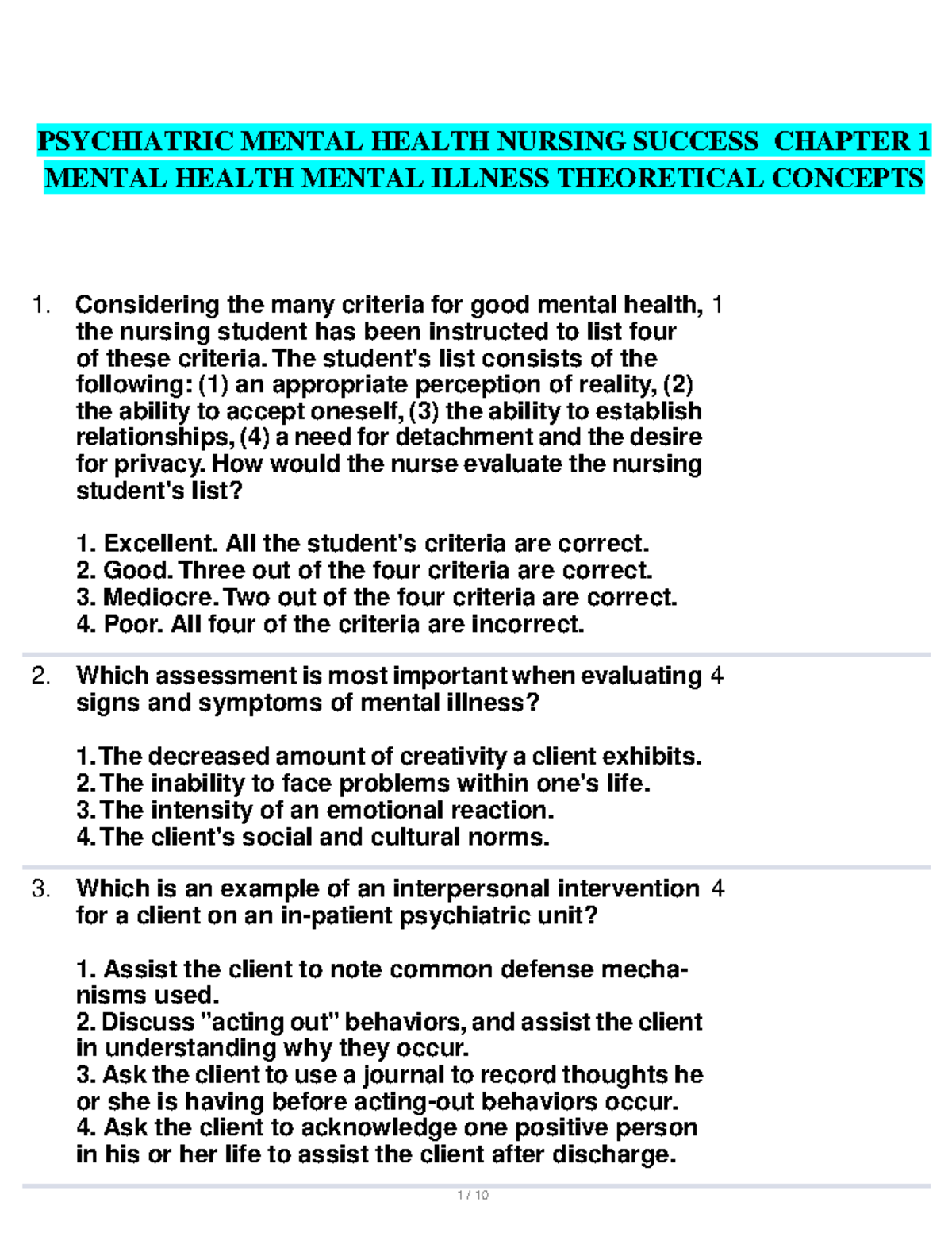 Psychiatric Mental Health Nursing Success Chapter 1 Mental Health