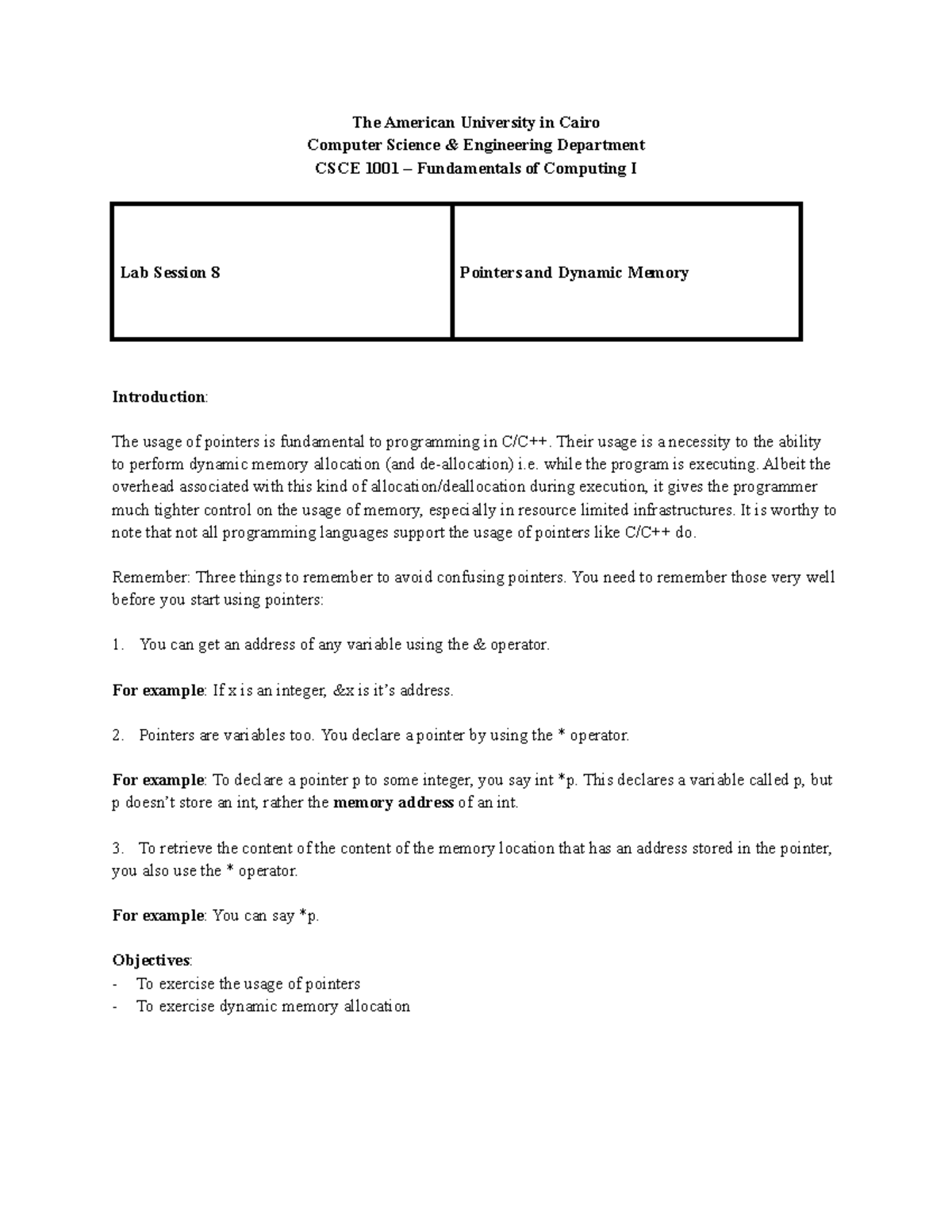 Csce1001 Lab Session 8 Lab Assignment For Practice The American University In Cairo Computer