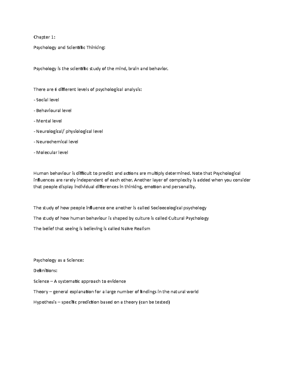 Chapter 1 Summary - Chapter 1: Psychology and Scientific Thinking ...