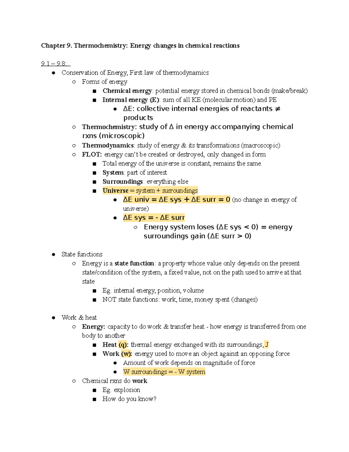 Exam 1 - General chemistry II notes - Chapter 9. Thermochemistry ...