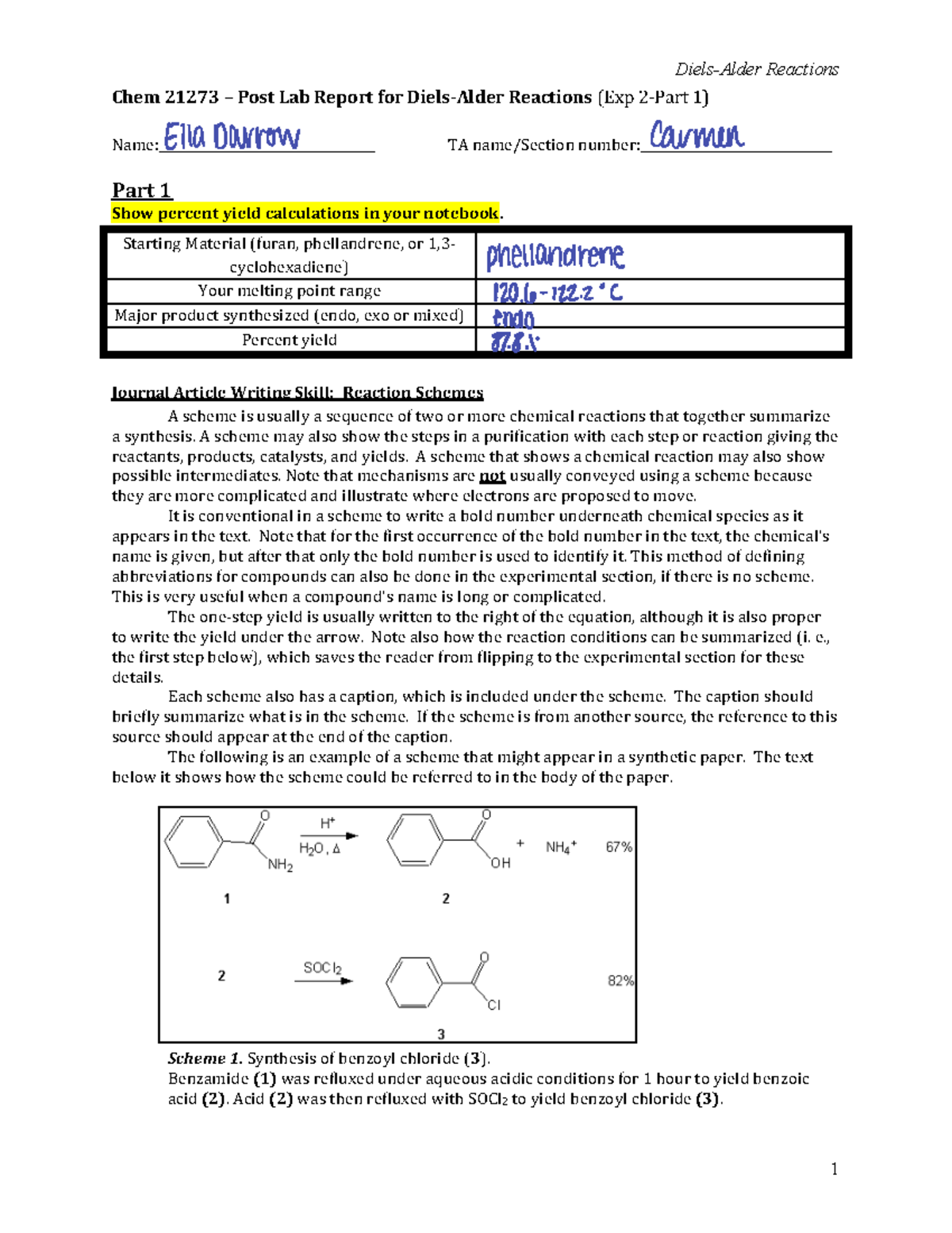Post Lab Report for Diels Part1 Fa21 2 - Diels-Alder Reactions 1 Chem ...