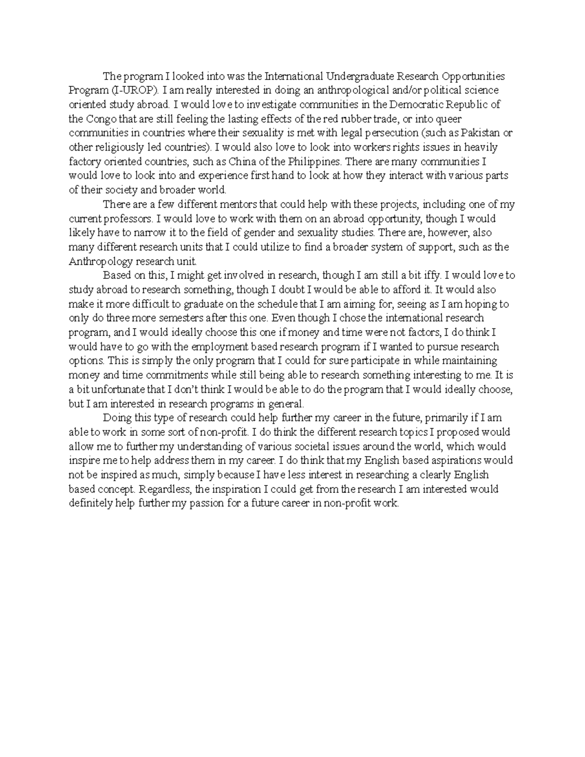 Week 7 Assignment - Research Involvement - The program I looked into was the International - Studocu