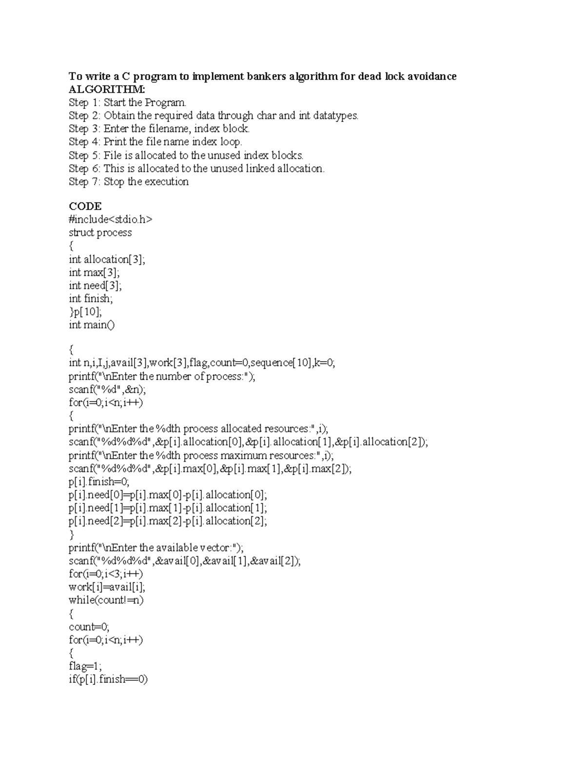 Bankers code - To write a C program to implement bankers algorithm for dead lock avoidance - Studocu