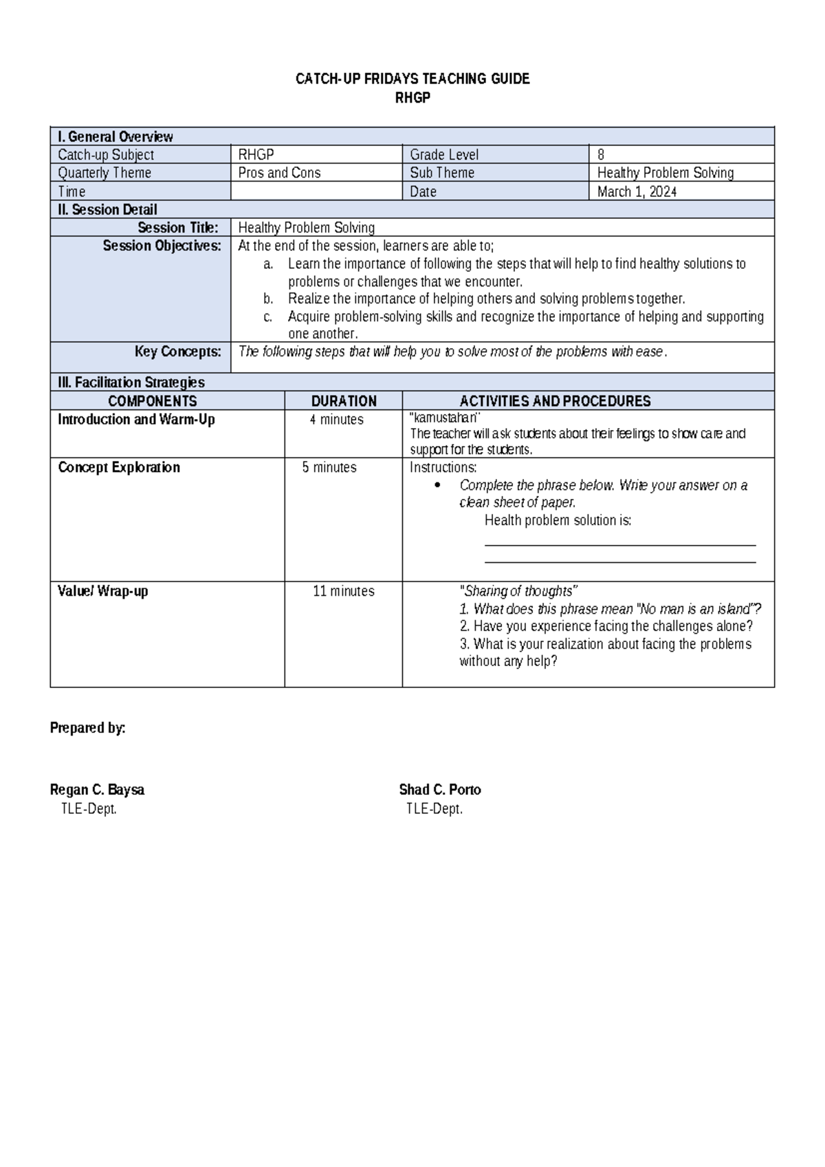 RHGP March 1 - lesson plan for RHGP - CATCH-UP FRIDAYS TEACHING GUIDE ...