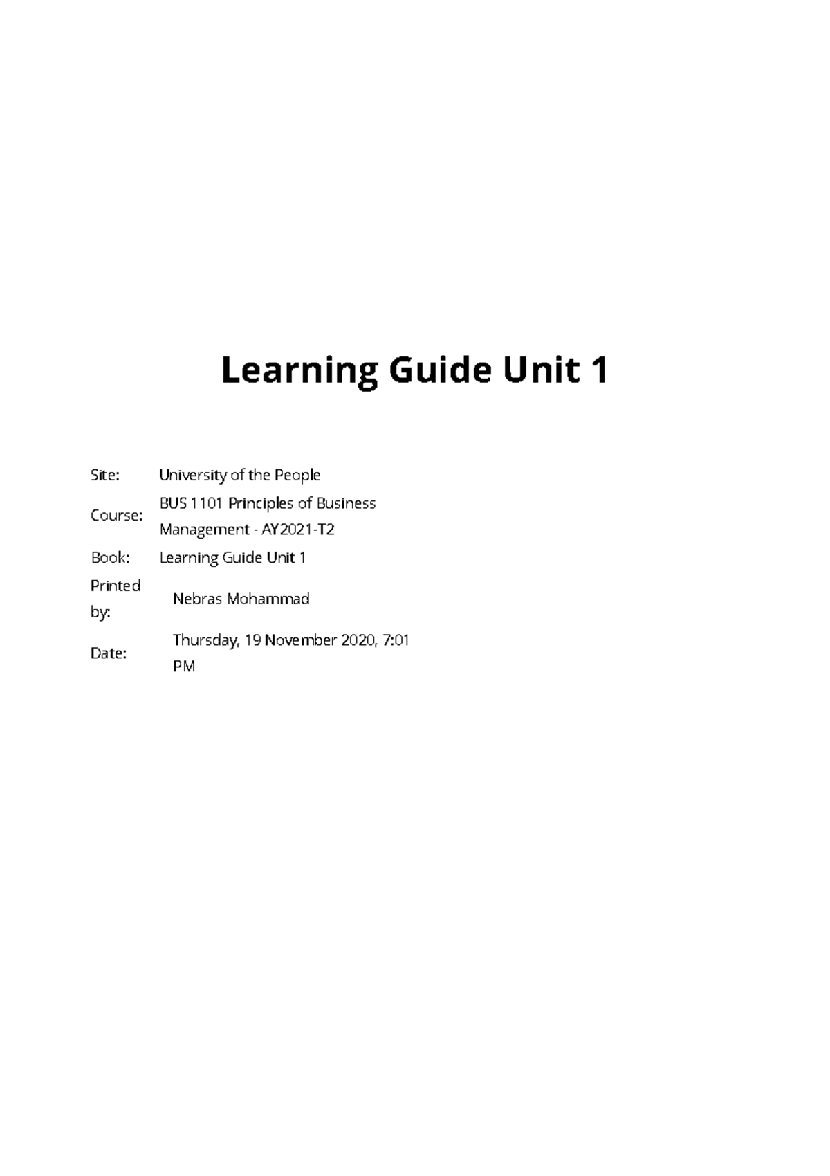 BUS 1101 Learning Guide Unit 1 - Learning Guide Unit 1 Site: University ...