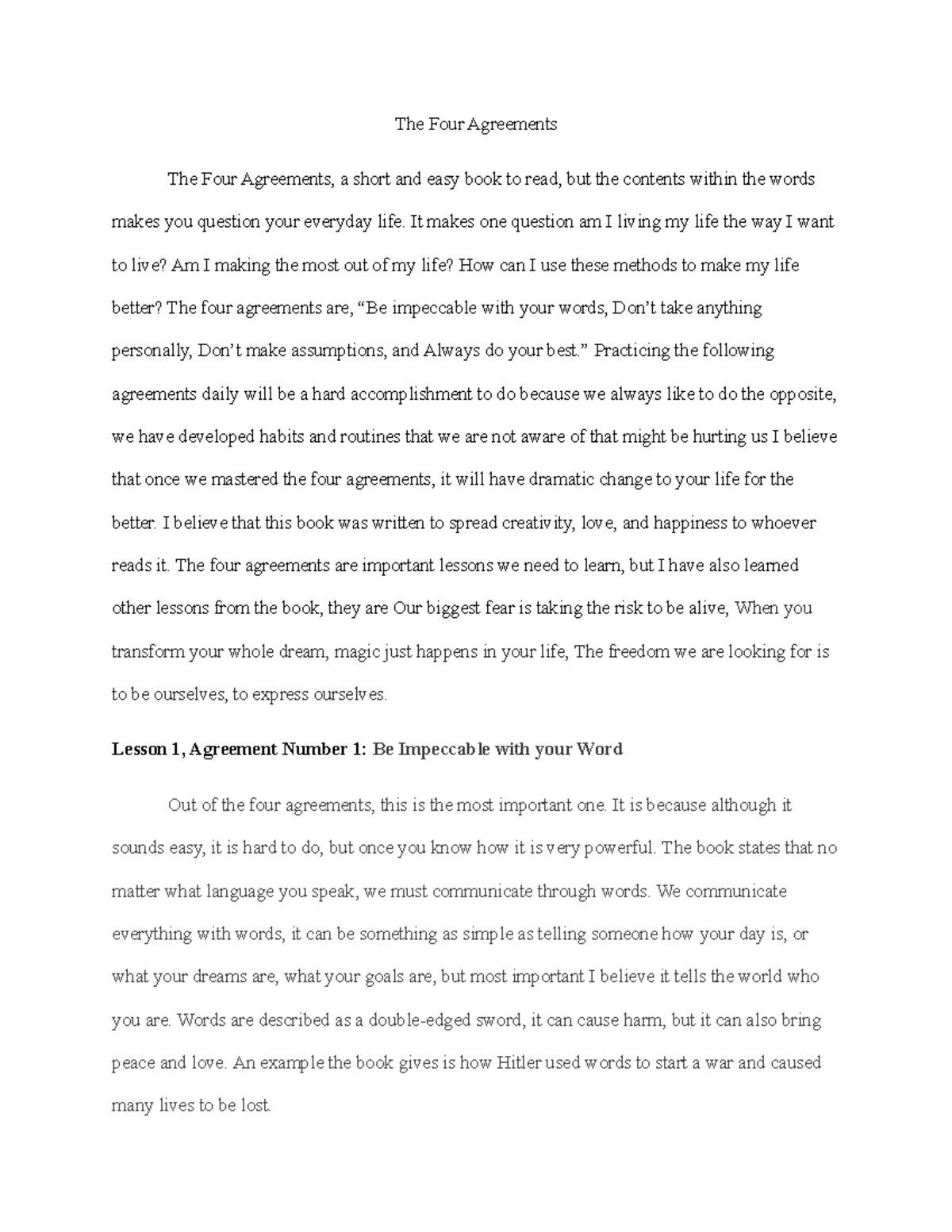 Mgmt 4108 4 agreements - Lecture notes Book notes - The Four Agreements ...