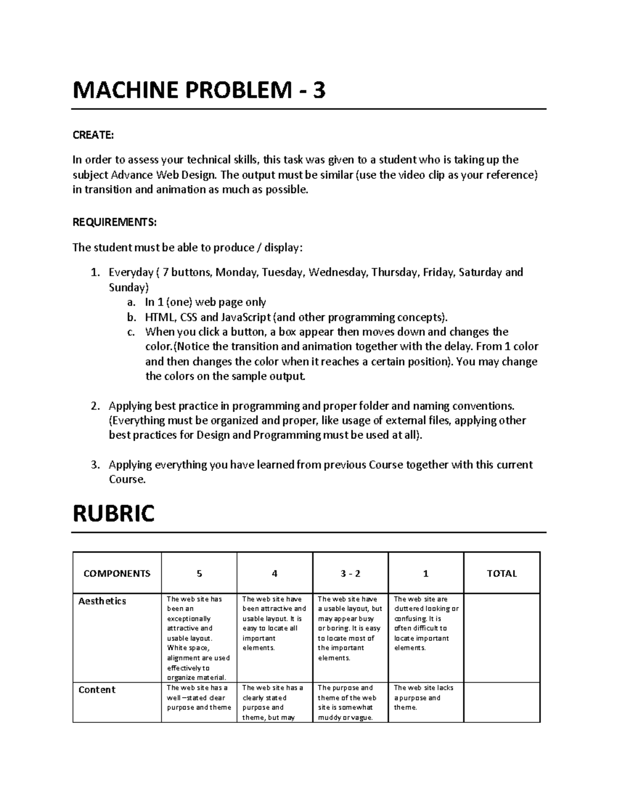 Marbella S2 Technical - MACHINE PROBLEM - 3 CREATE: In order to assess your technical skills ...