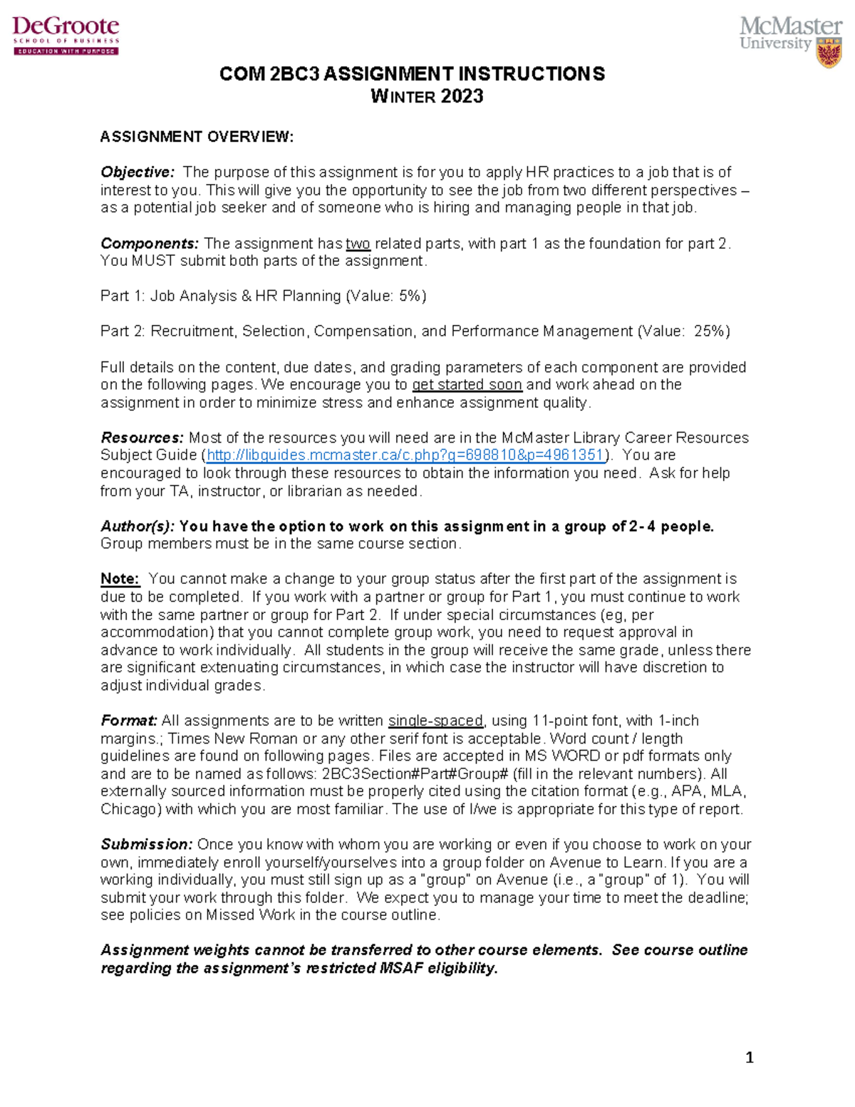 COMM 2BC3 (W23) Assignment Guidelines - COM 2BC3 ASSIGNMENT ...