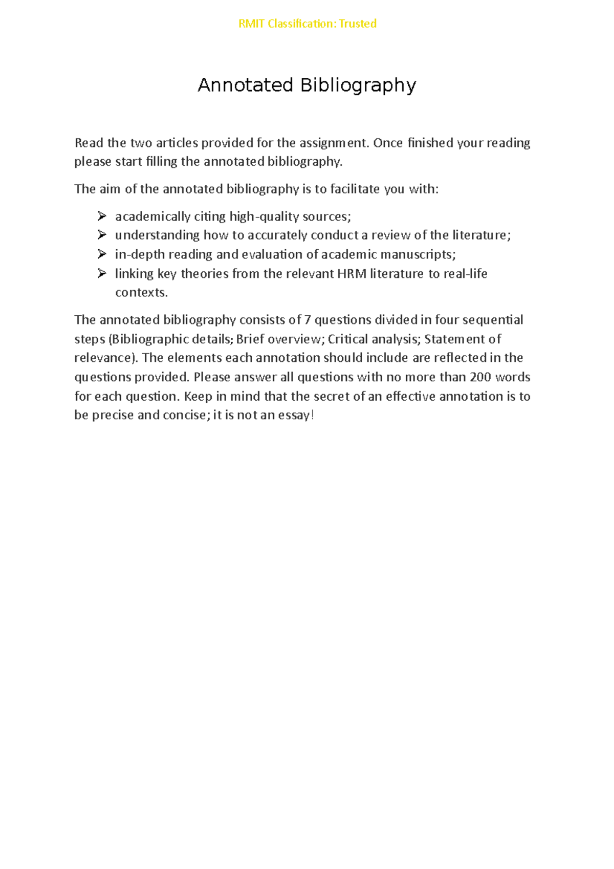 Annotated bibliography - Instructions - Annotated Bibliography Read the ...