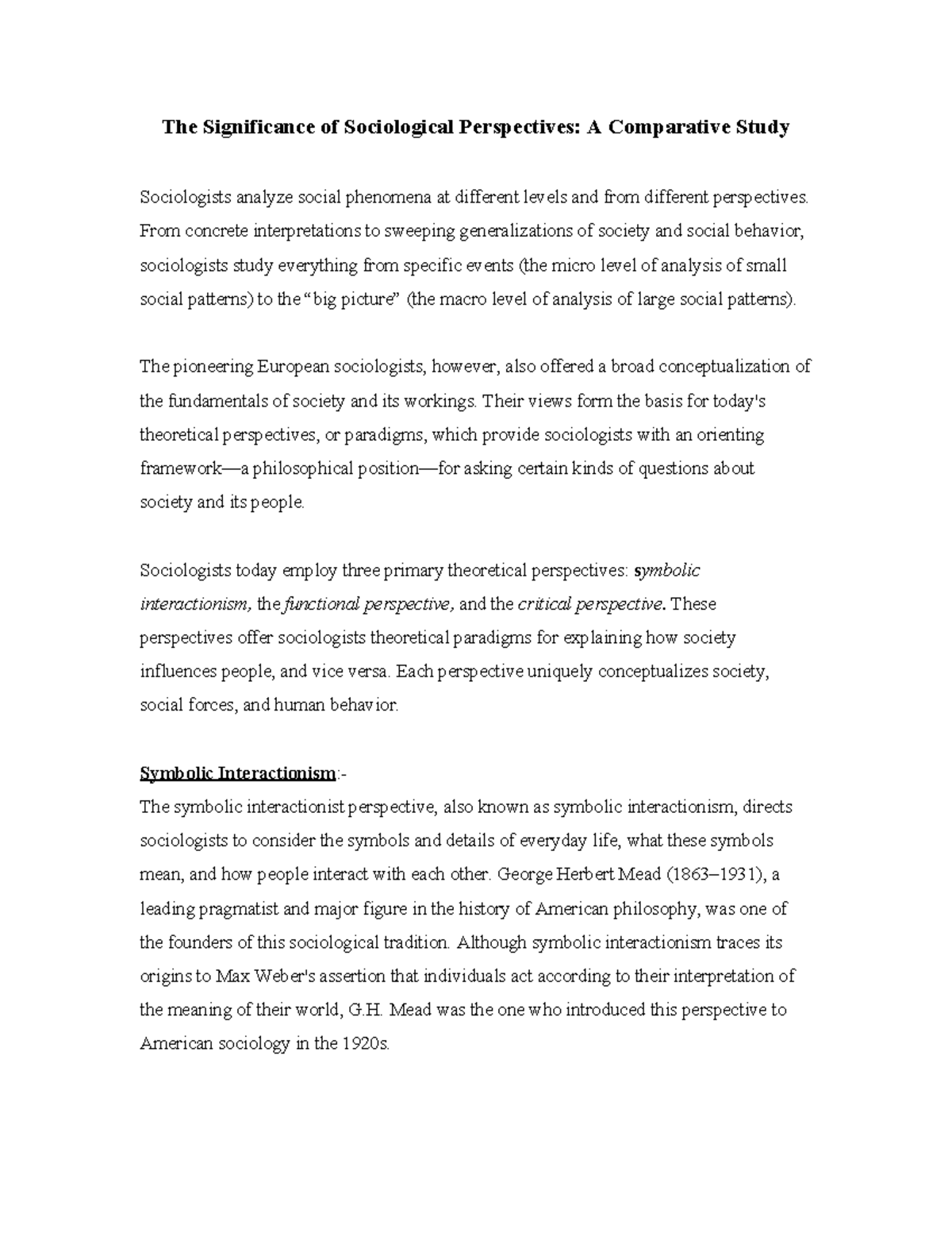 The Significance of Sociological Perspectives A Comparative Study ...