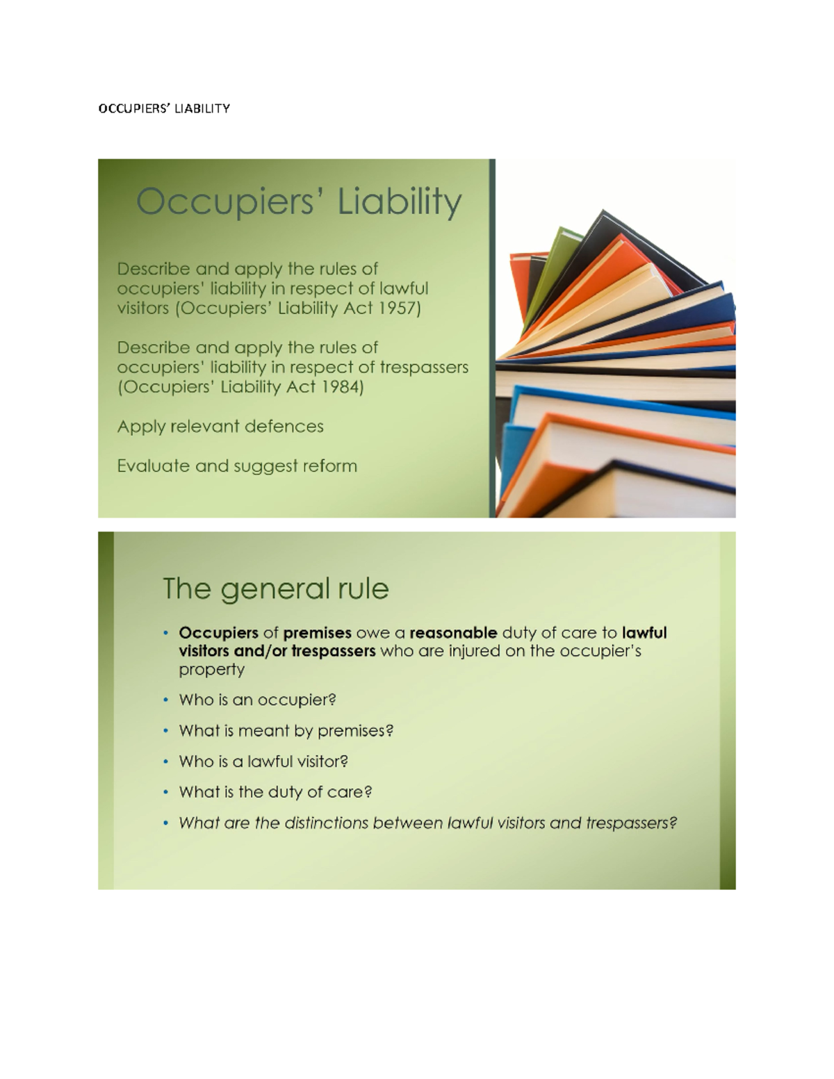 Occupiers Liability Slides - Contract Law - OCCUPIERS’ LIABILITY - Studocu