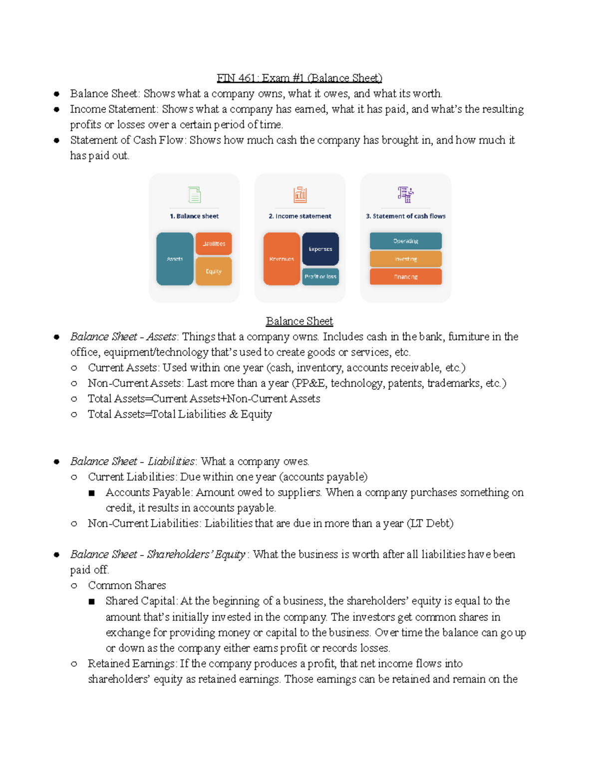 FIN 461 - Exam #1 (Balance Sheet) - FIN 461: Exam #1 (Balance Sheet ...