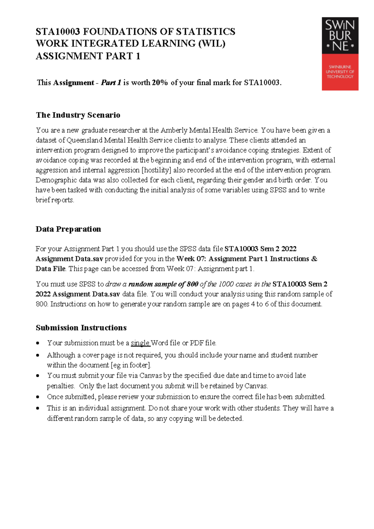 STA10003 Sem 2 2022 Assignment Part 1 - Instructions - STA10003 FOUNDATIONS OF STATISTICS WORK ...