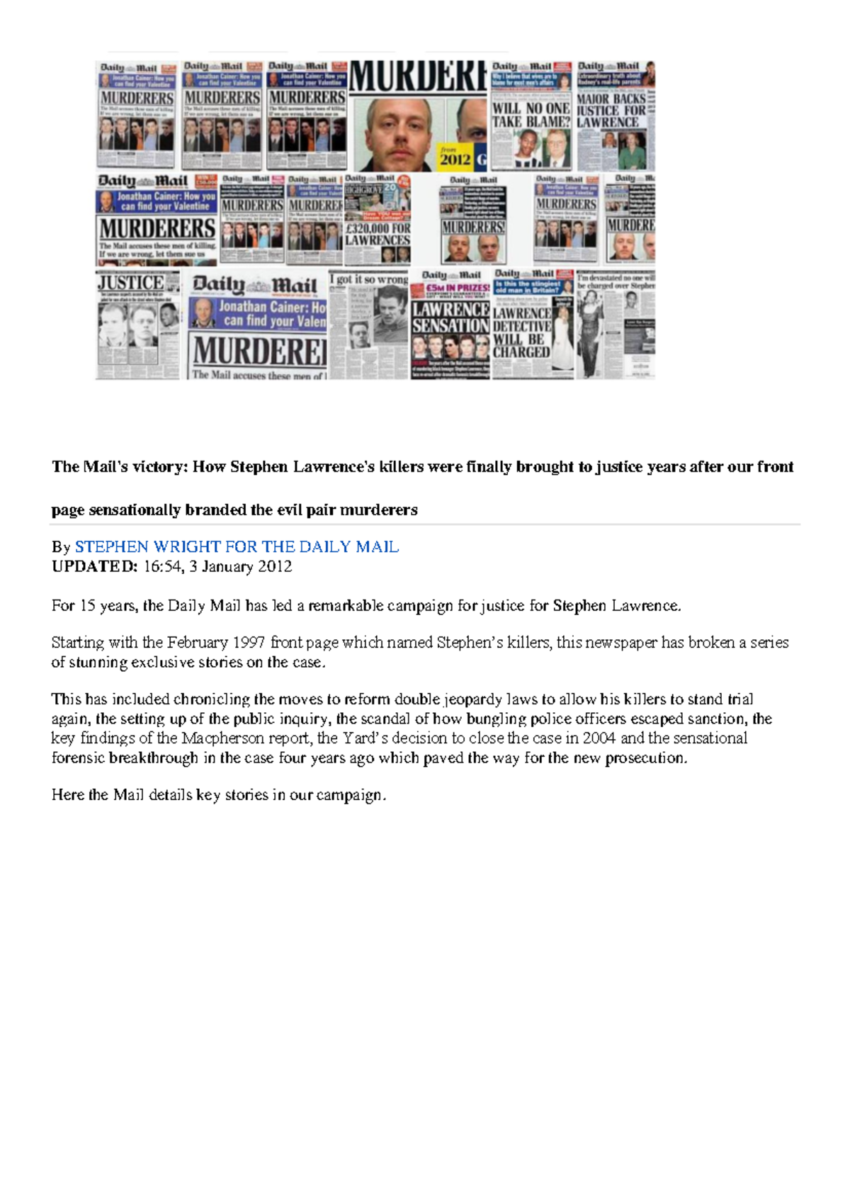 Murderers Daily Mail Stephen Lawrence - The Mail's victory: How Stephen ...