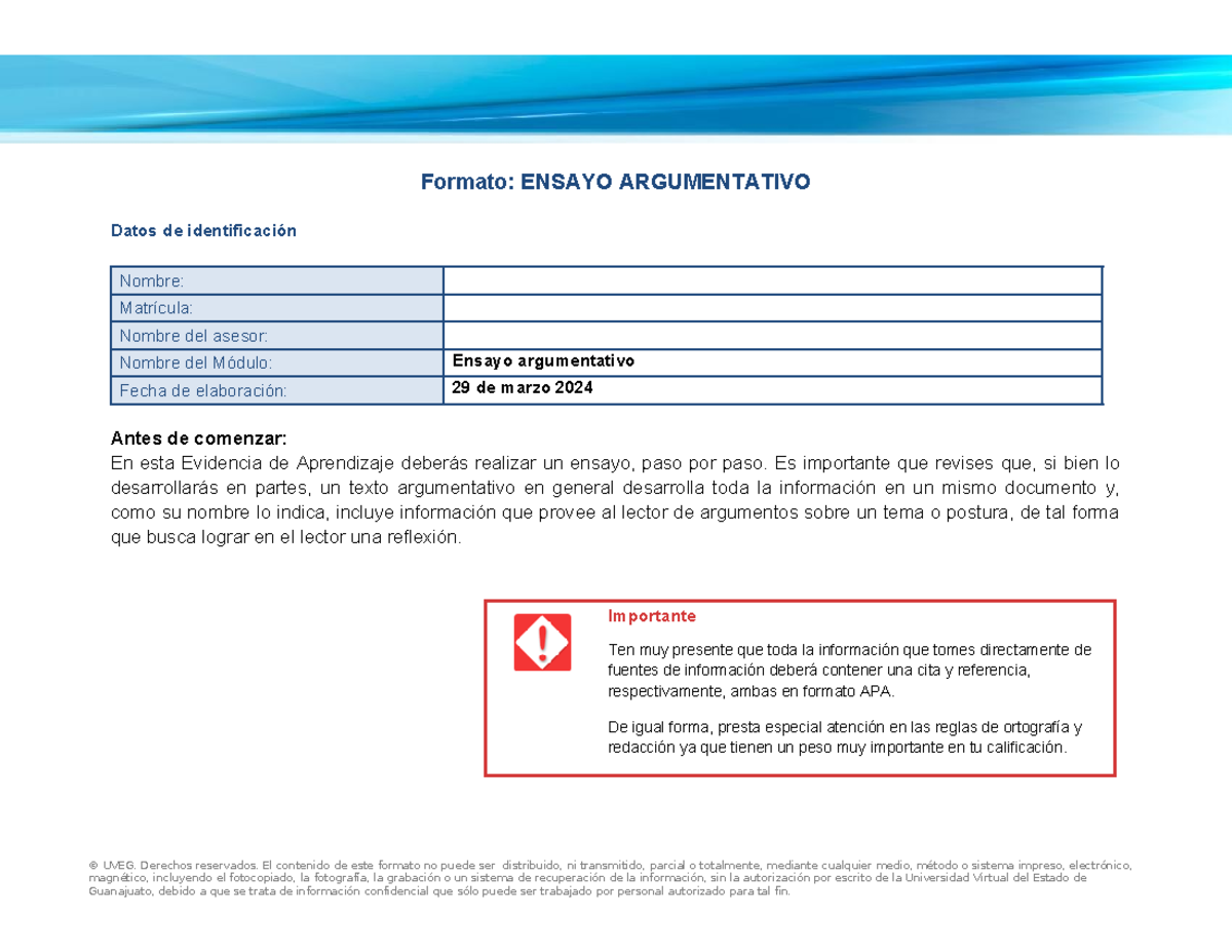 ensayo argumentativo - Formato: ENSAYO ARGUMENTATIVO Datos de ...