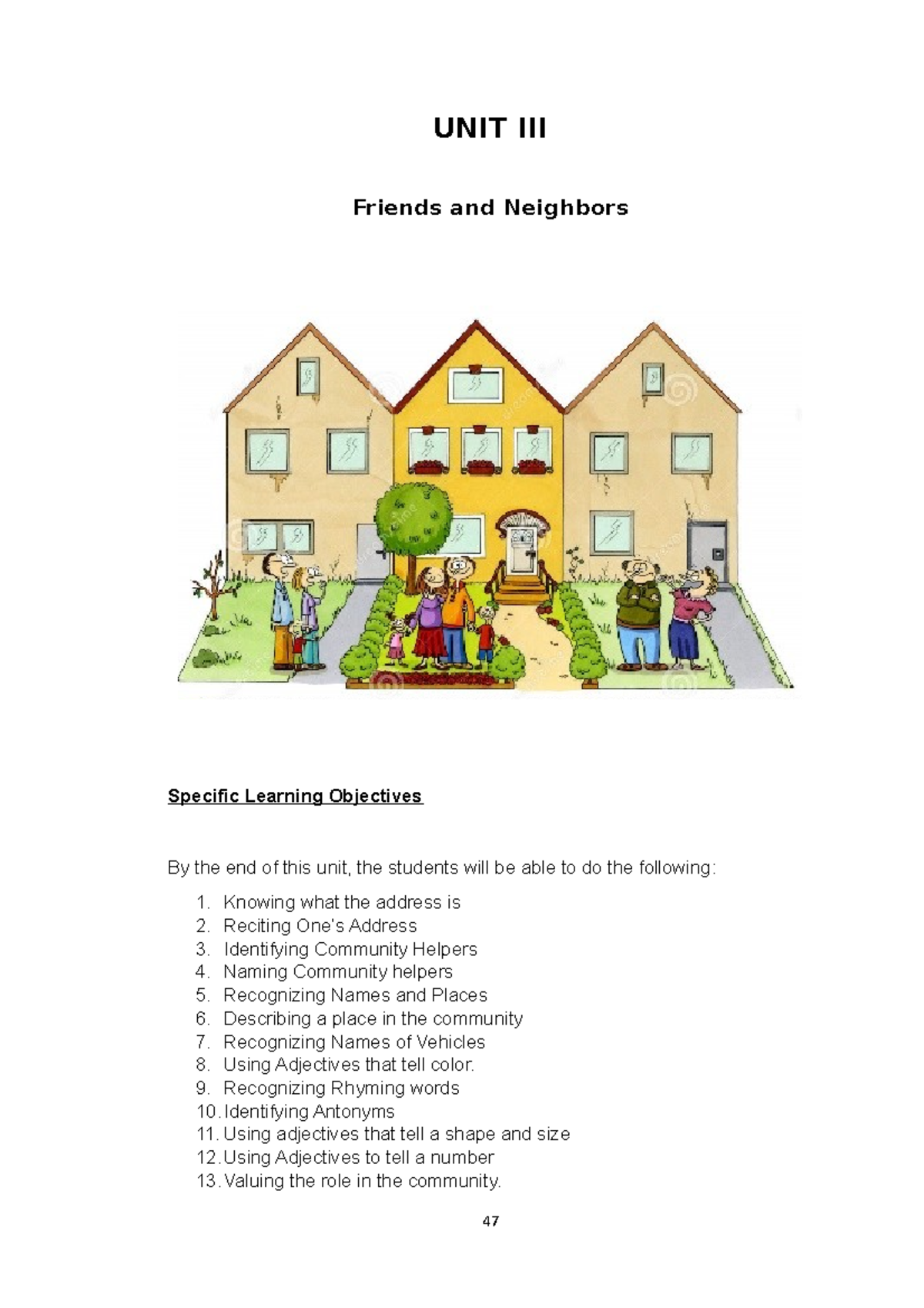 UNIT III - BASIC WRITING LESSONS. - UNIT III Friends and Neighbors ...