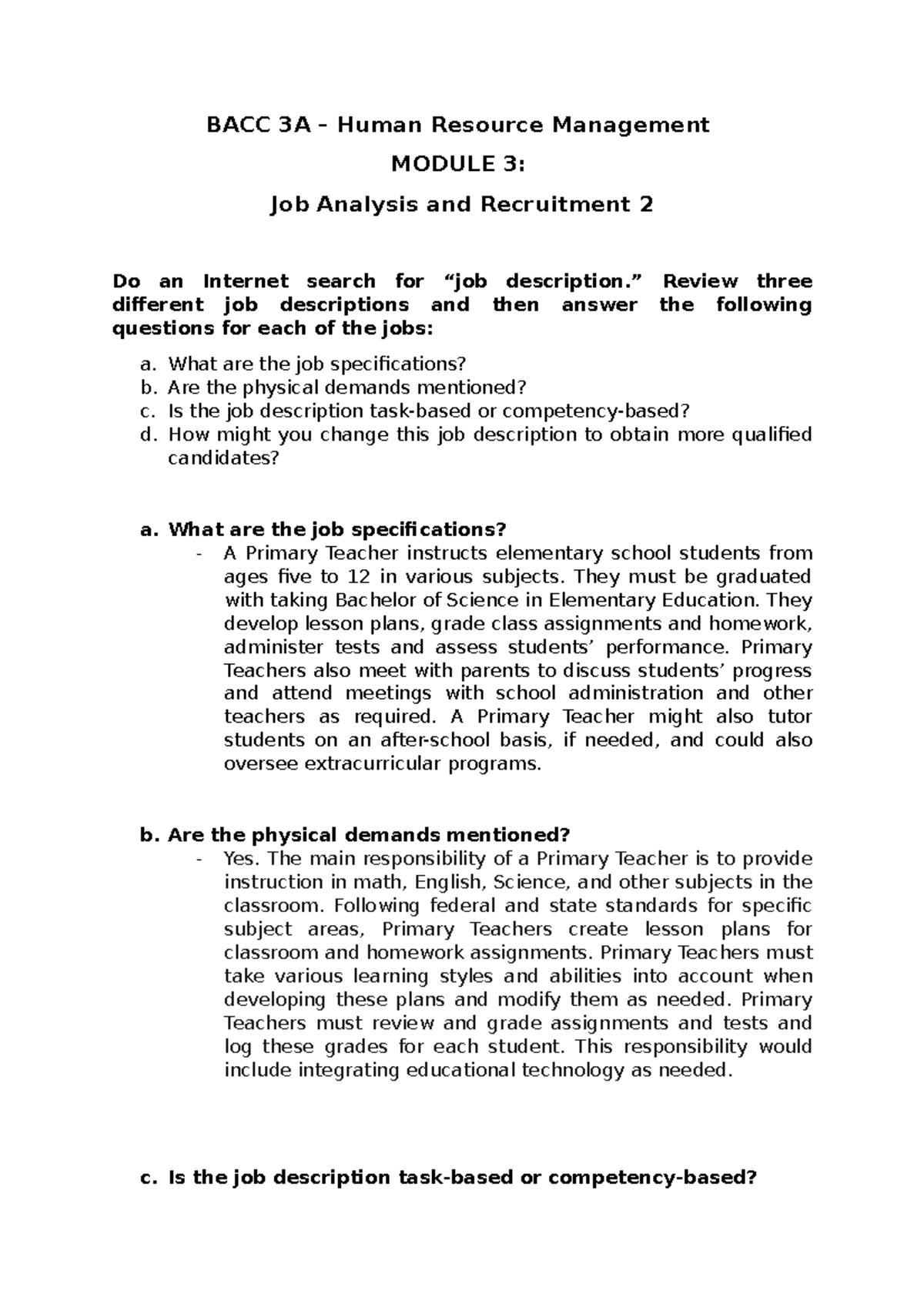 BACC 3 A - Human Resource Management - Module 3 - Job Analysis and ...