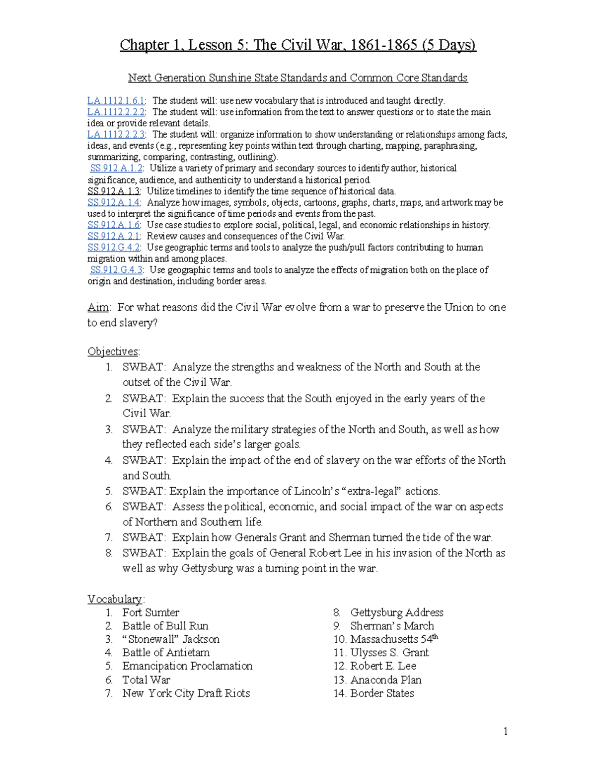 Chapter 1.5 LP- Civil War - Chapter 1, Lesson 5: The Civil War, 1861 ...