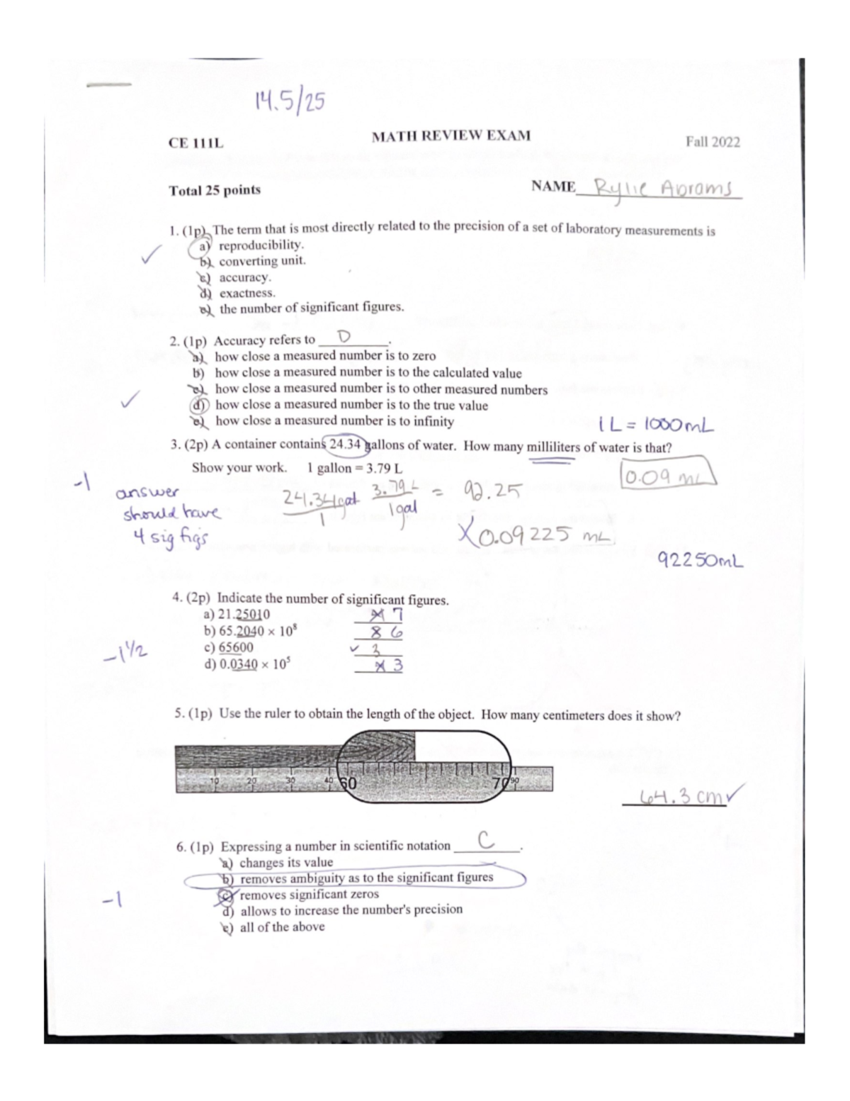 Math Review Exam - MATH REVIEW EXAM CE Fall 2022 Total 25 points NAME ...