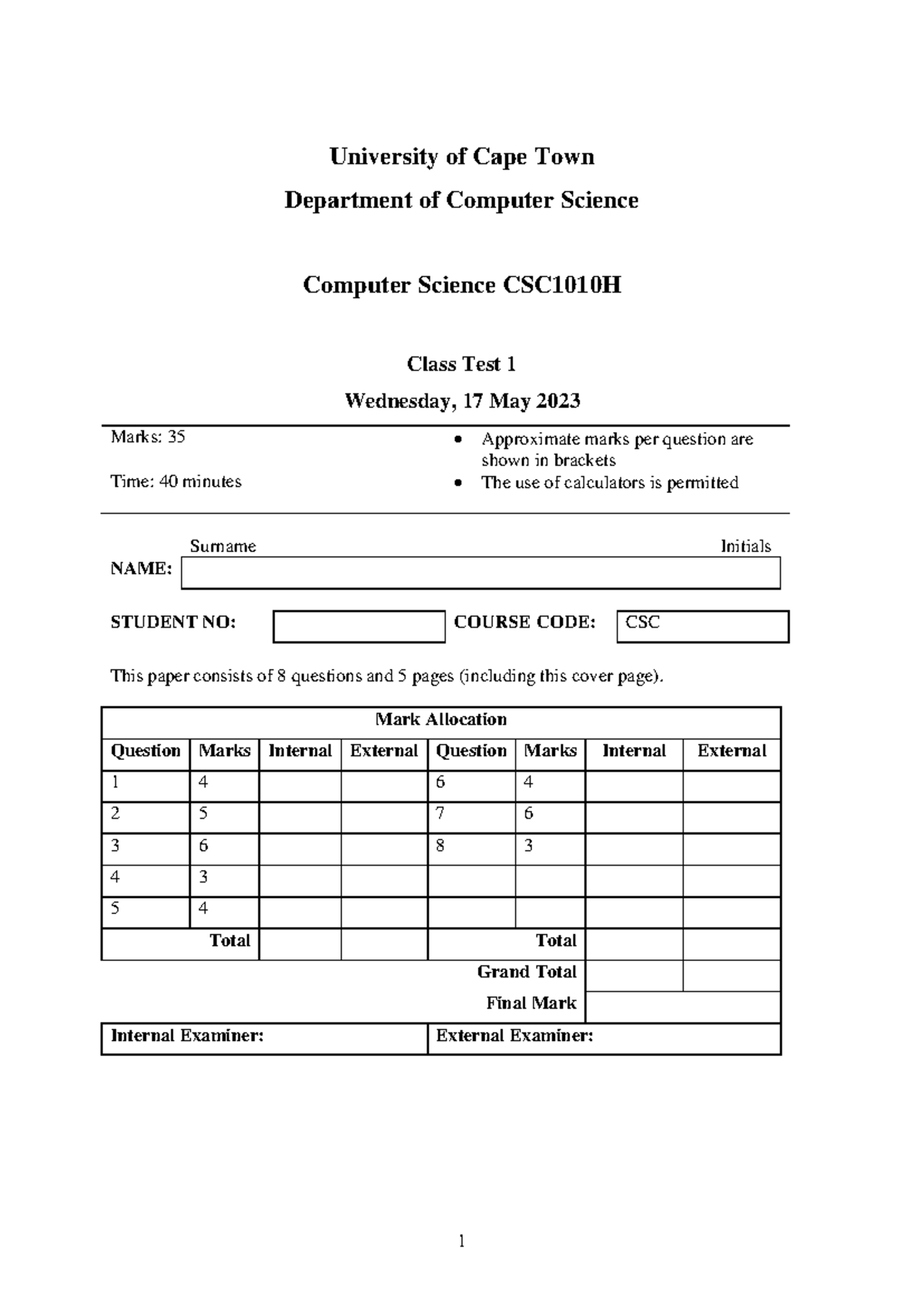 CSC1010H Class Test 1 2023 questions - University of Cape Town ...