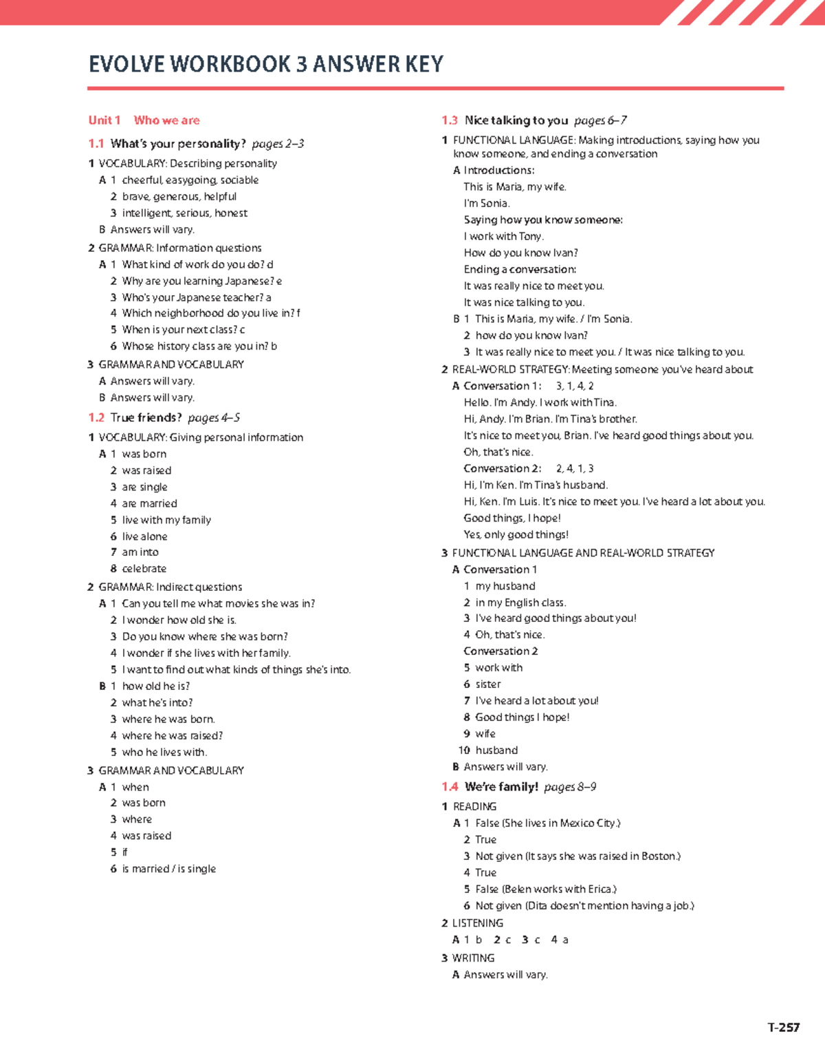 Evolve 3 Workbook Answer Key - Unit 1 Who we are 1 What’s your personality? pages 2– 1 ...