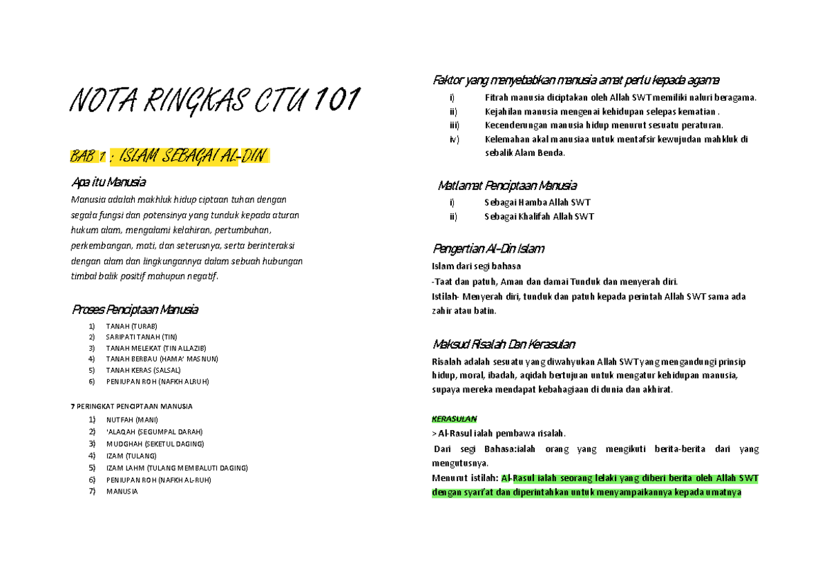 Nota Ringkas CTU 101 - NOTA RINGKAS CTU 101 BAB 1 : ISLAM SEBAGAI AL ...