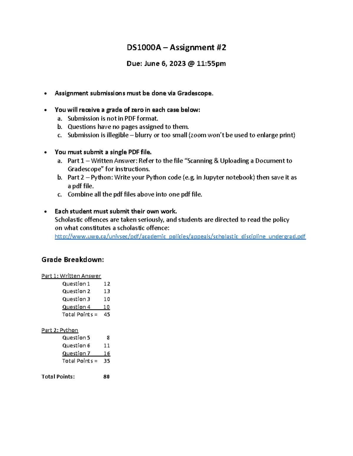 DS1000B - Assignment 2 - DS1000A – Assignment # 2 Due: June 6 , 202 3 @ 11:55pm • Assignment ...
