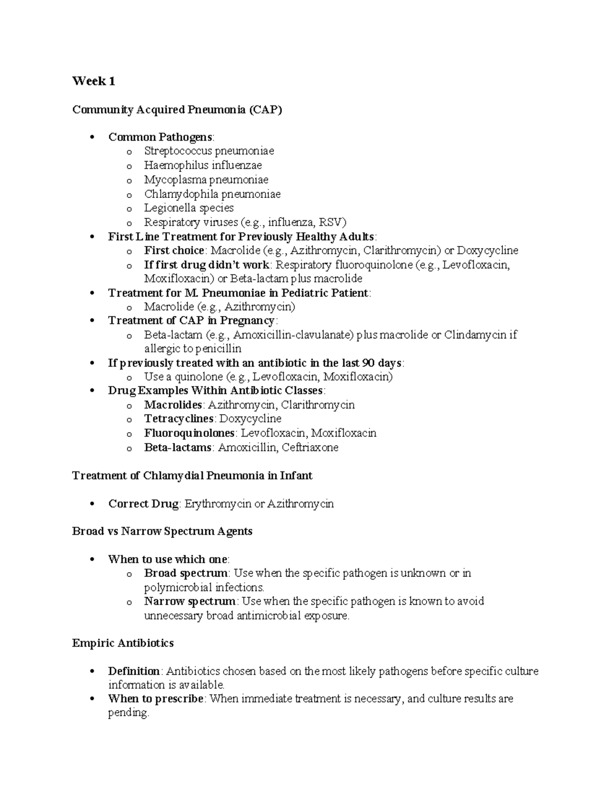 Midterm study guide - Week 1 Community Acquired Pneumonia (CAP) Common ...