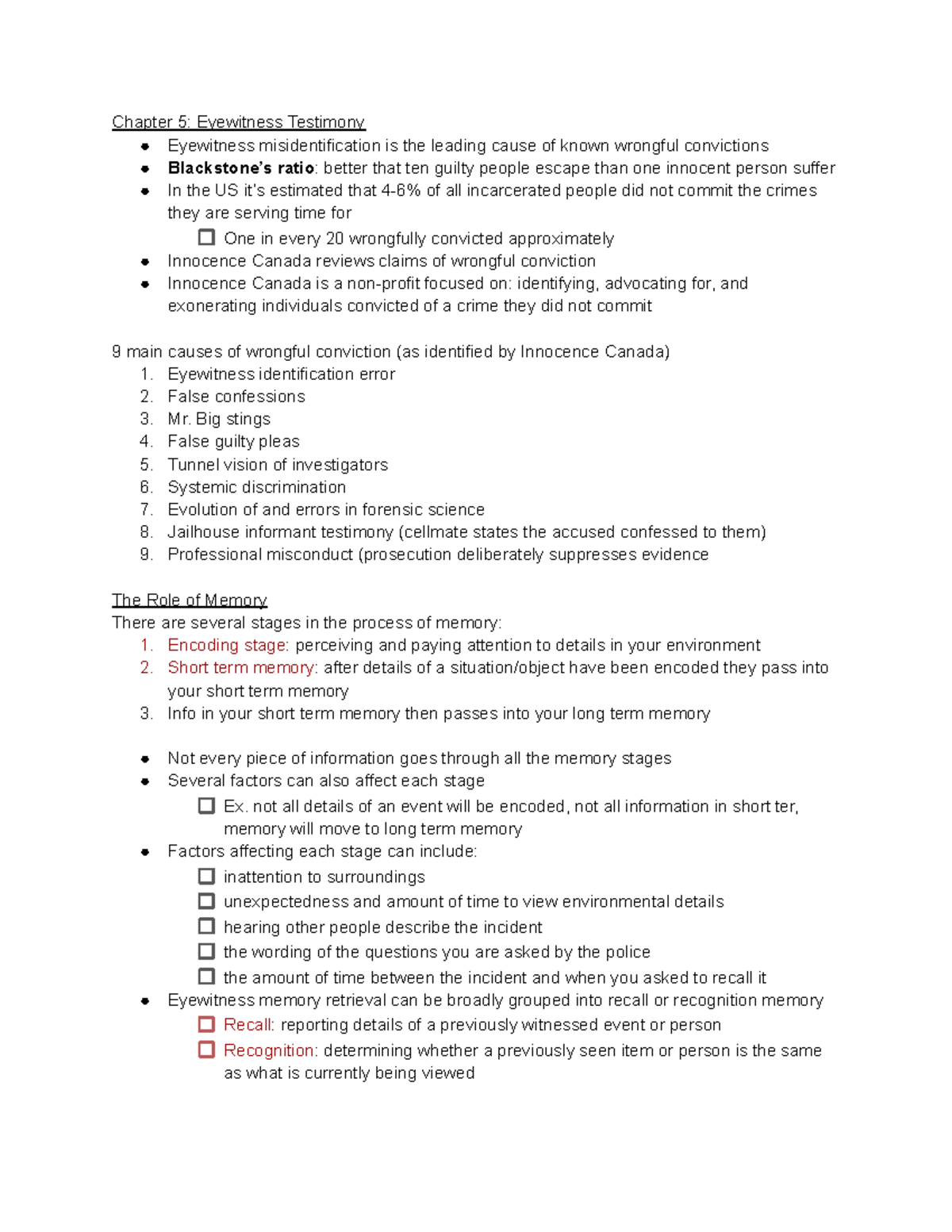 Psych 2032 - Chapters 5, 8, 9 - Chapter 5: Eyewitness Testimony ...