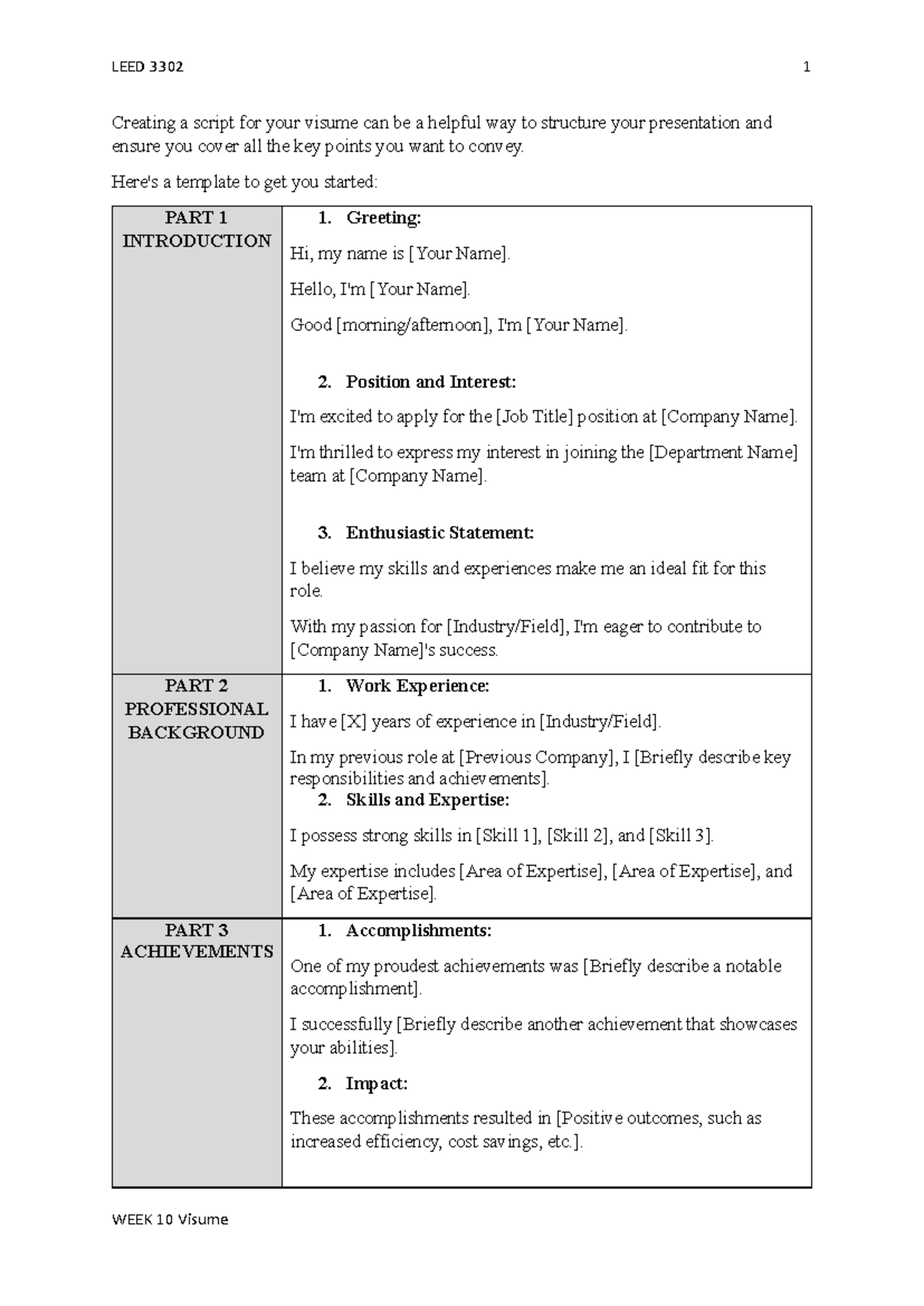 4. Visume - Script template - LEED 3302 1 WEEK 10 Visume Creating a ...