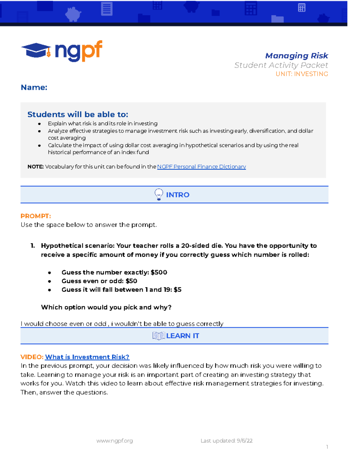 Copy of Managing Risk Student Activity Packet - Managing Risk Student ...