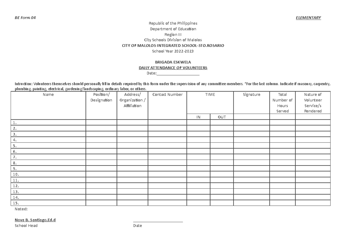 BE Form 04 attendance ELEM - BE Form 04 ELEMENTARY Republic of the ...
