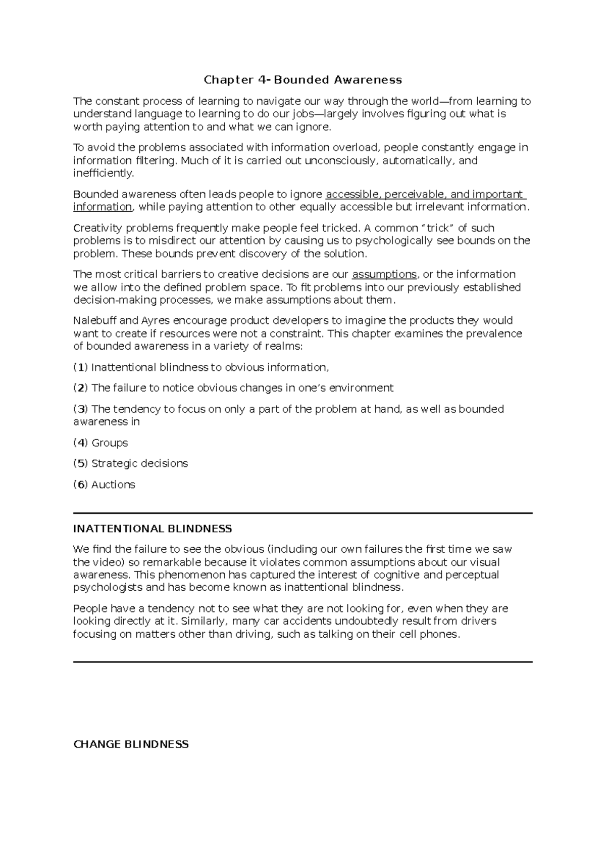 Chapter 4 - note - Chapter 4- Bounded Awareness The constant process of ...