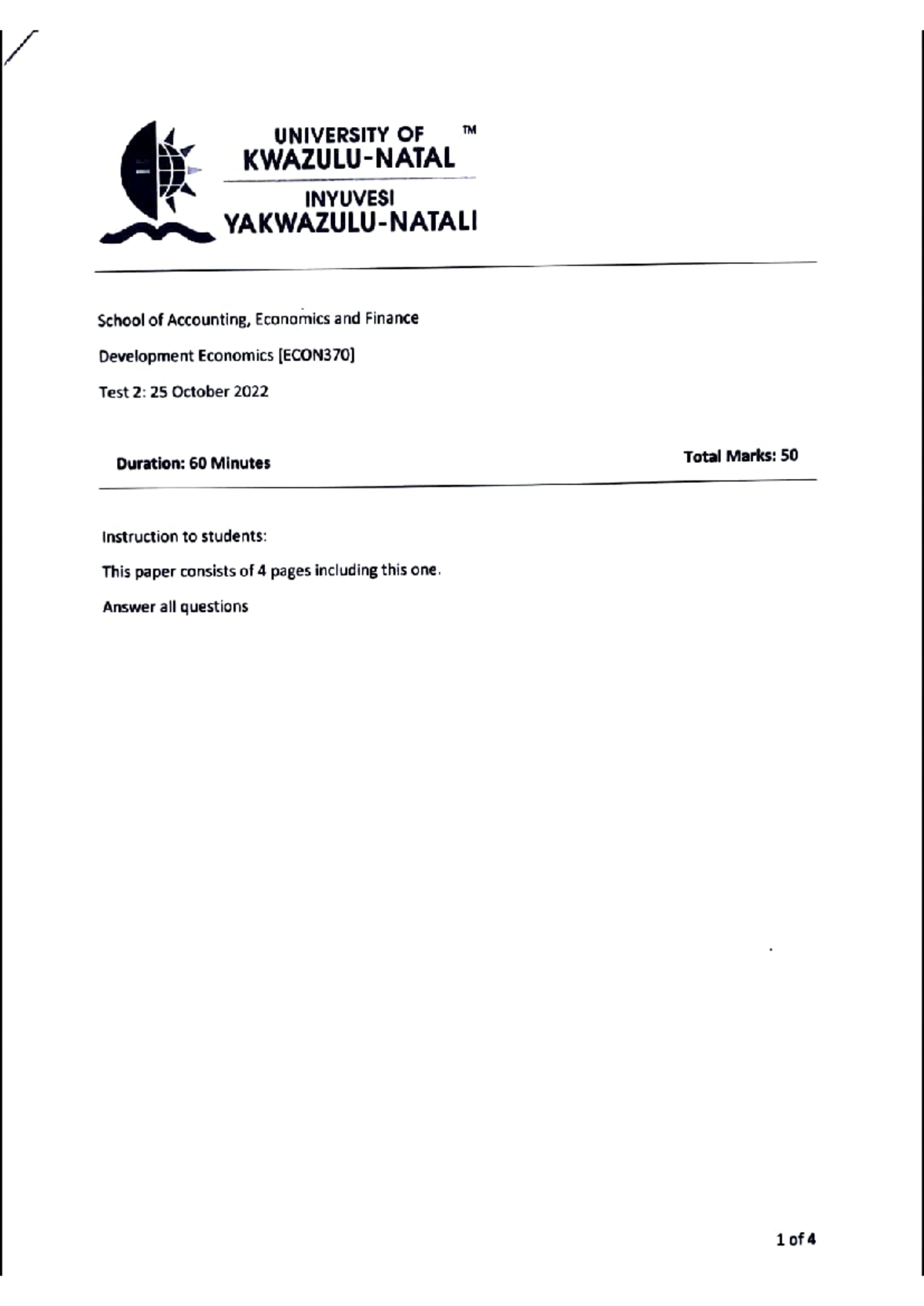 Econ 370 Test 2 - ####### UNIVERSITY OF KWAZULU-NATAL INYUVESI ...