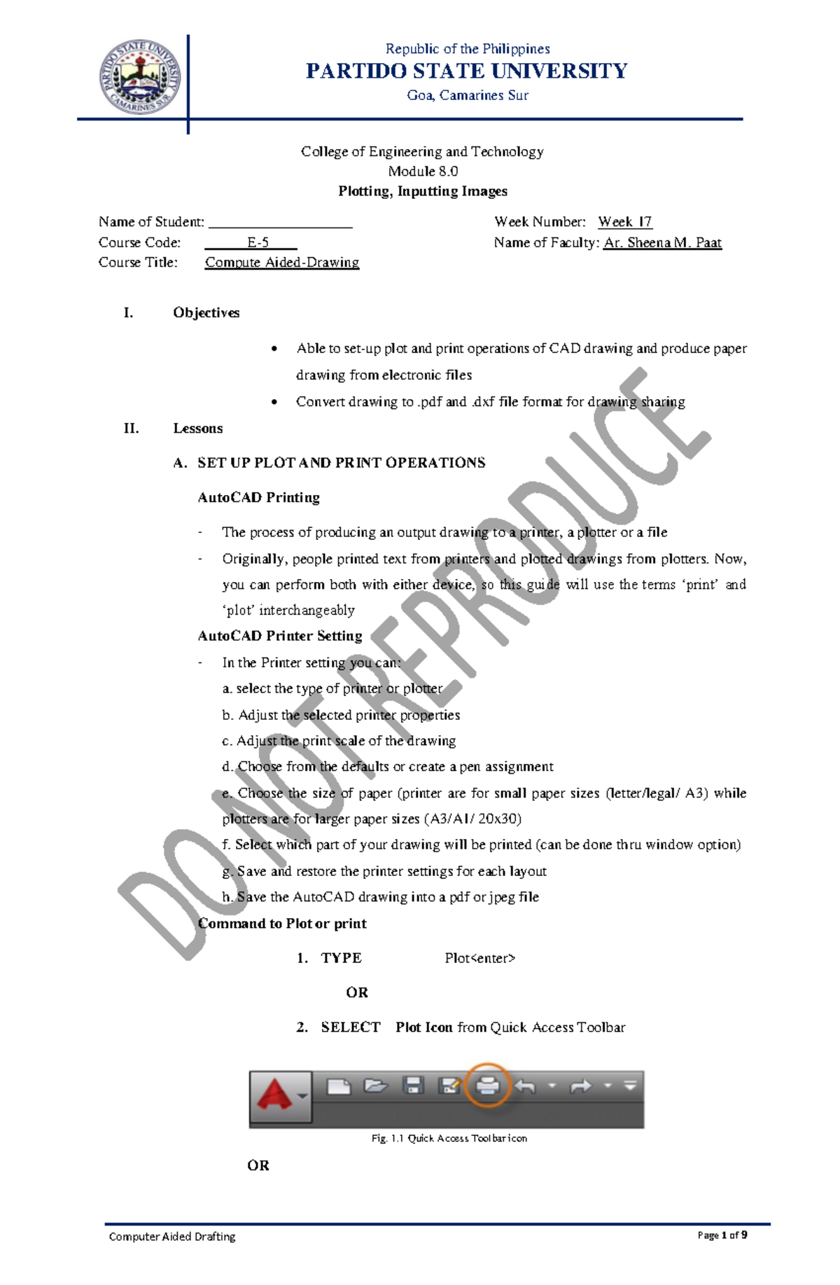 CAD Printing - Page 1 of 9 PARTIDO STATE UNIVERSITY Goa, Camarines Sur ...