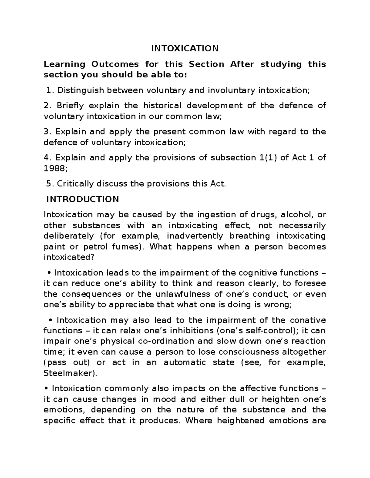 Intoxication notes Criminal LAW - INTOXICATION Learning Outcomes for ...