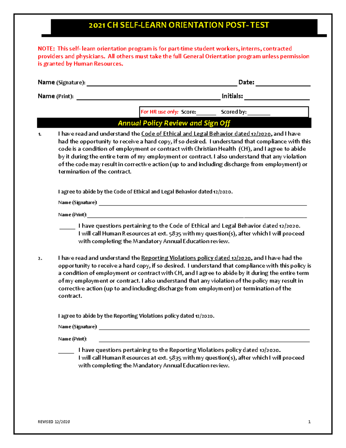 2021 Self Learn Post-Test Final - NOTE: This self- learn orientation ...