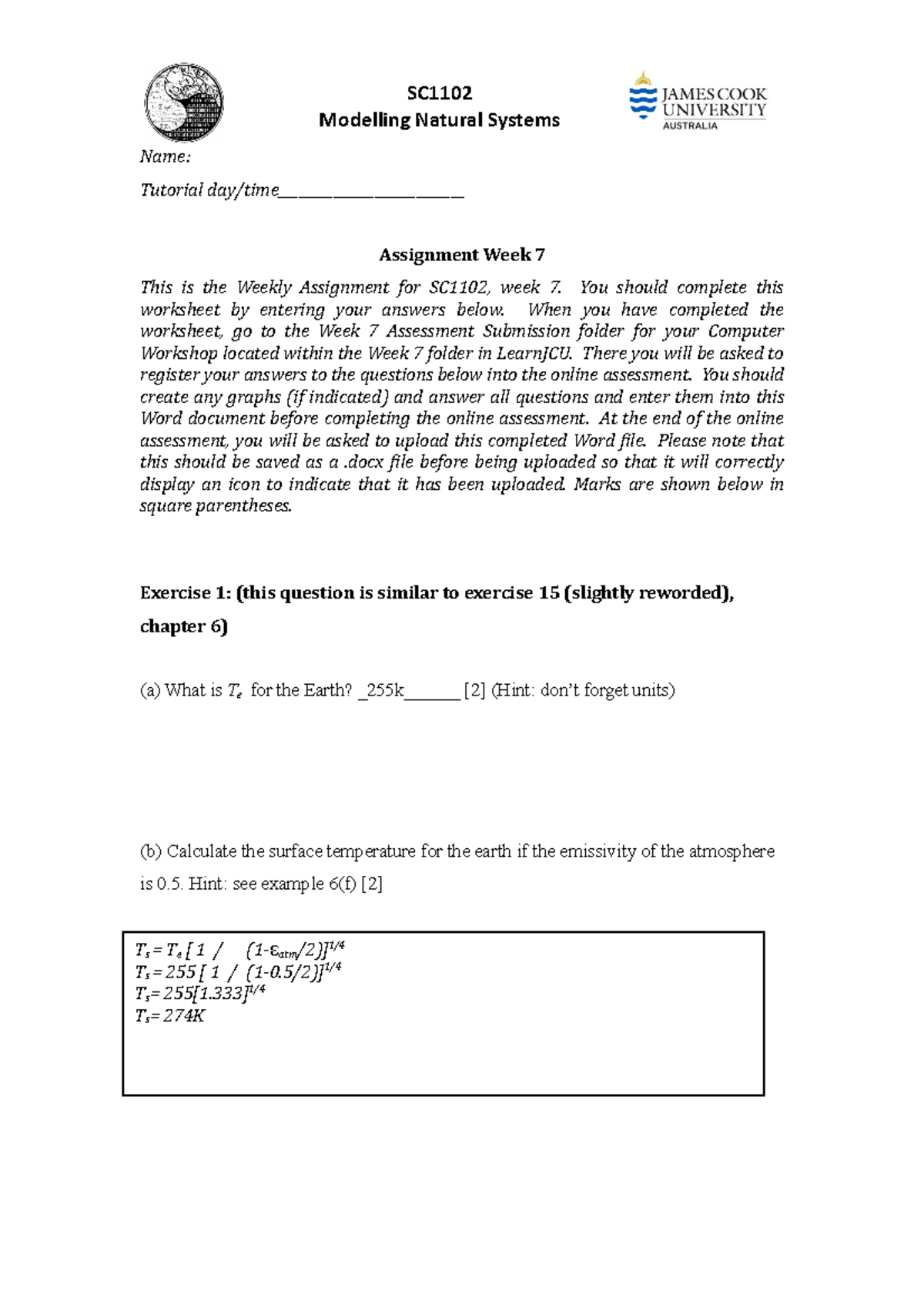SC1102 assignment week 7 - Name: Tutorial day/time___________________________ Assignment Week 7 ...